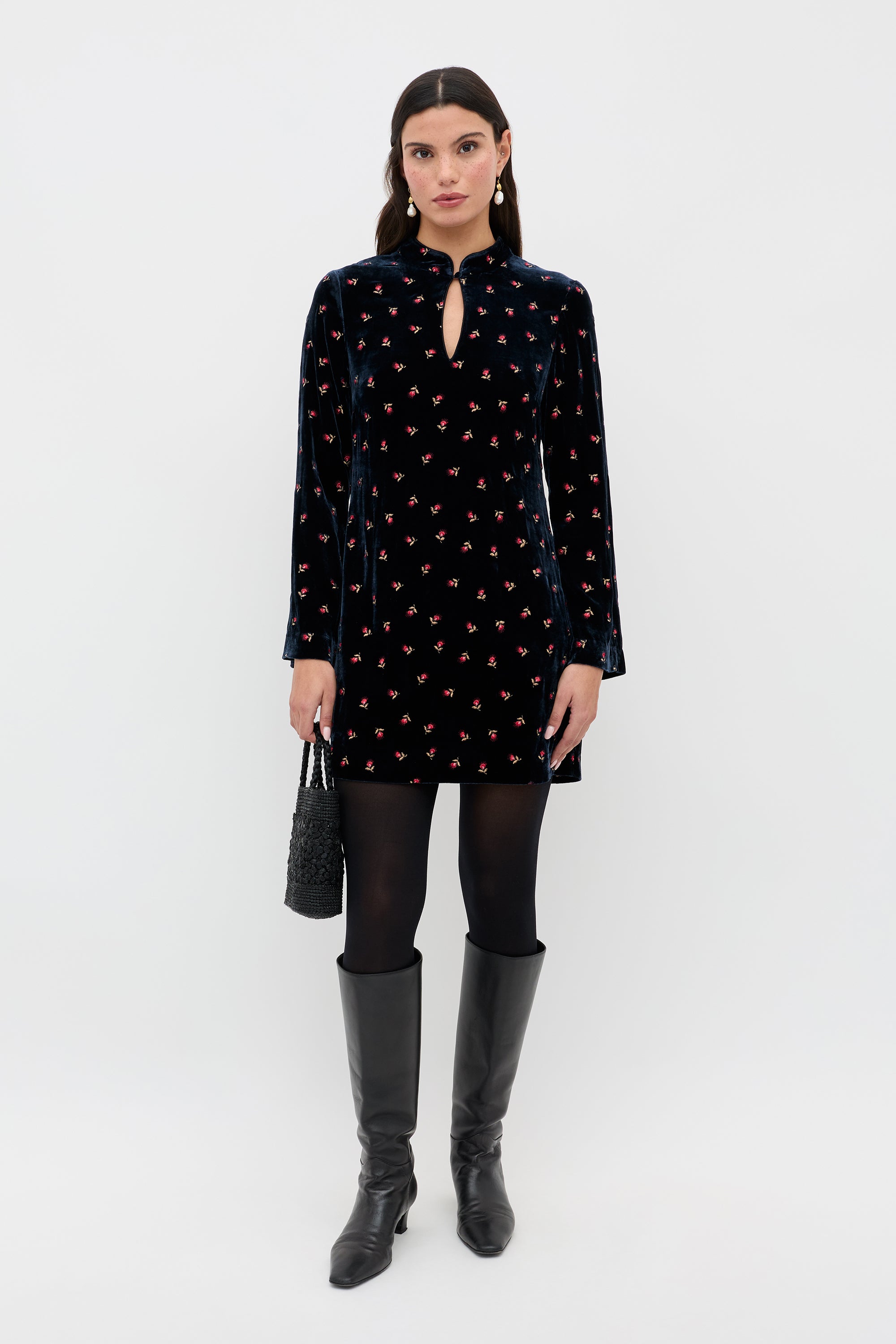 Calla Silk-Velvet Mini Dress in Dandy Embroidery Deep Navy