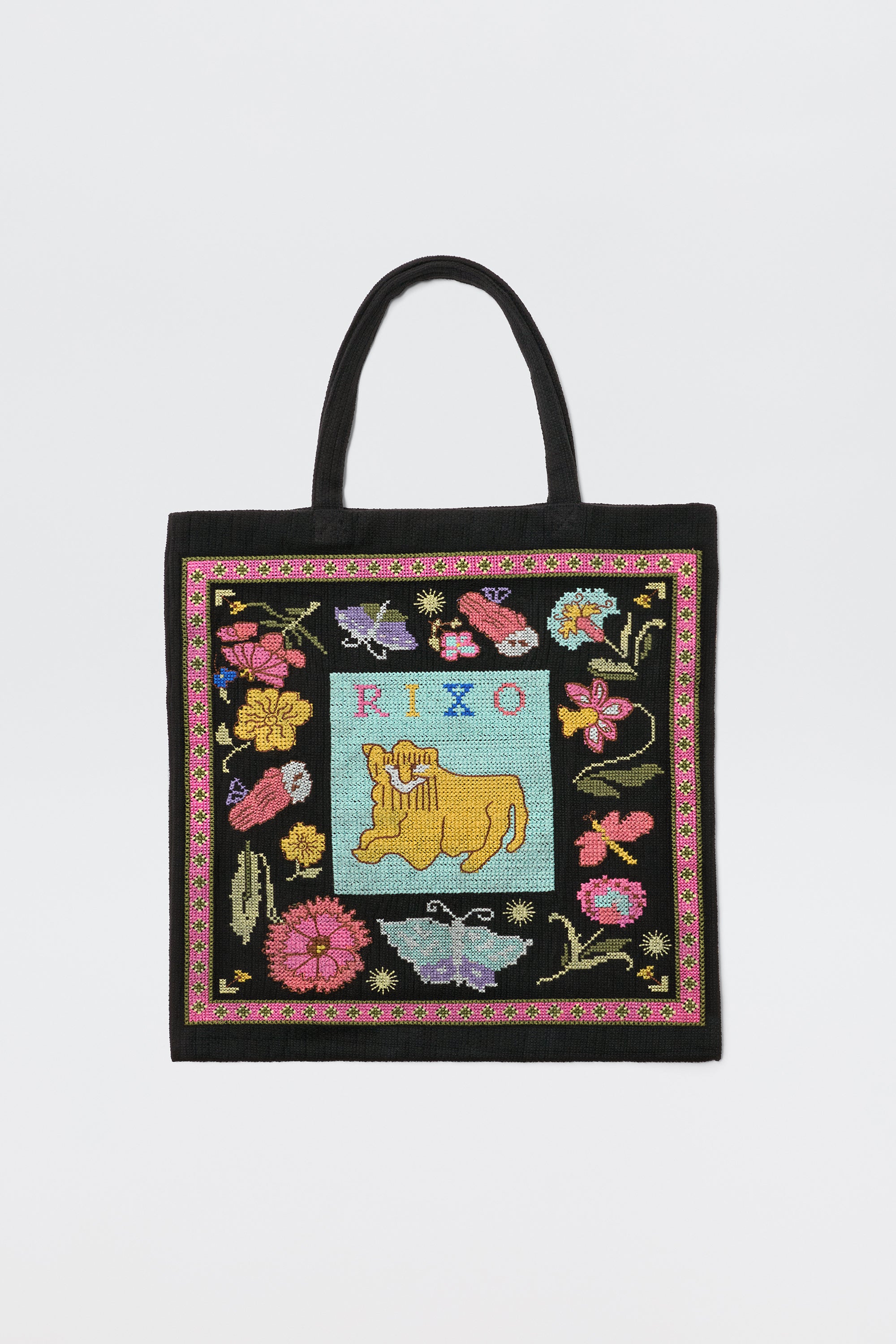 Lili Embroidered Bag in Black Leo Cross Stitch Embroidery Charcoal