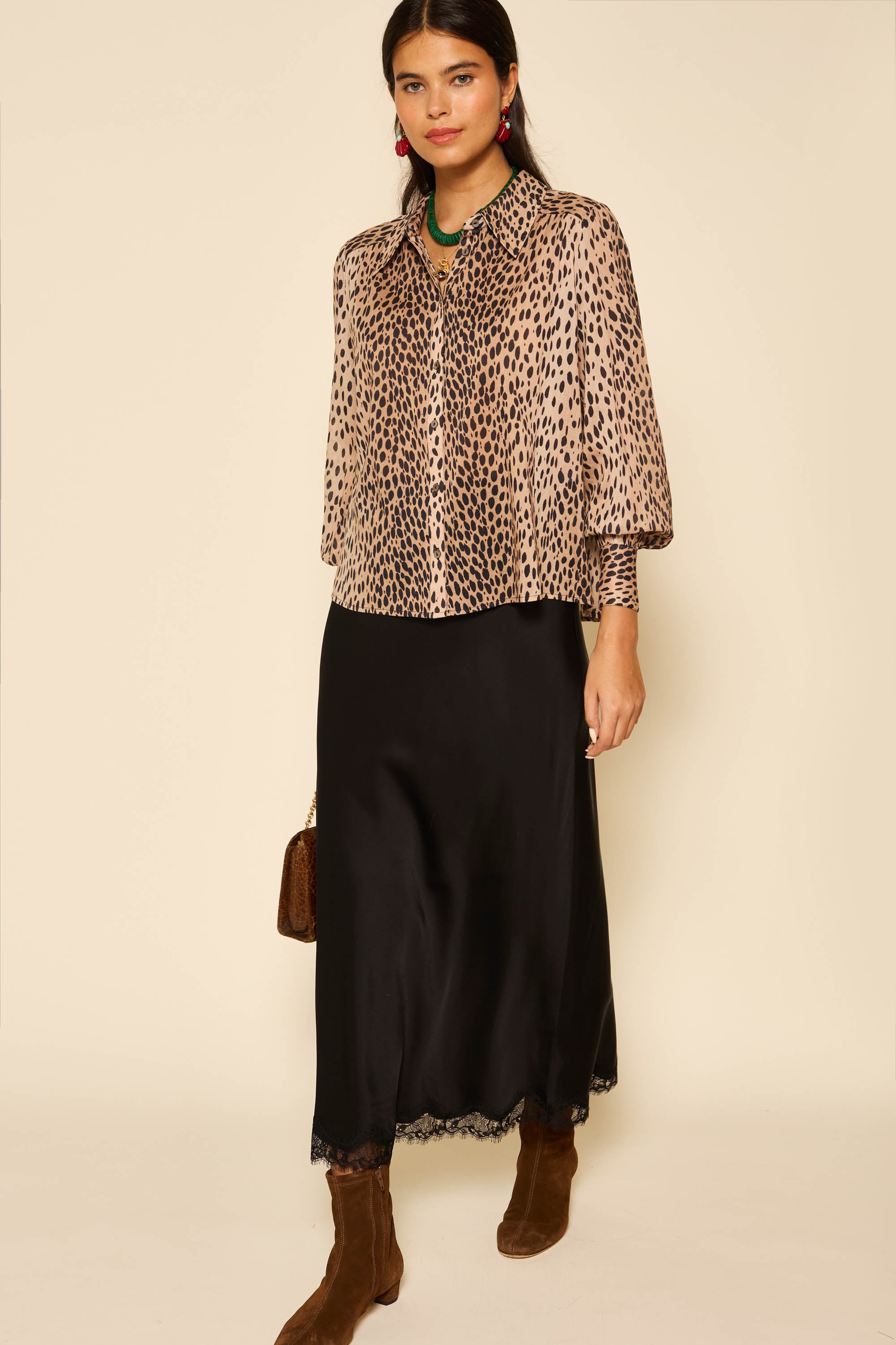 Stassie Satin Midi Skirt in Black