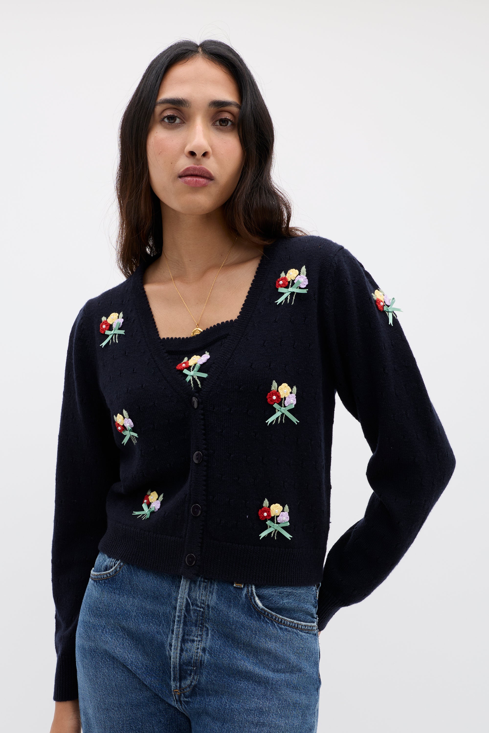 Merinda Merino Wool Cardigan in Floret Embroidery Deep Navy