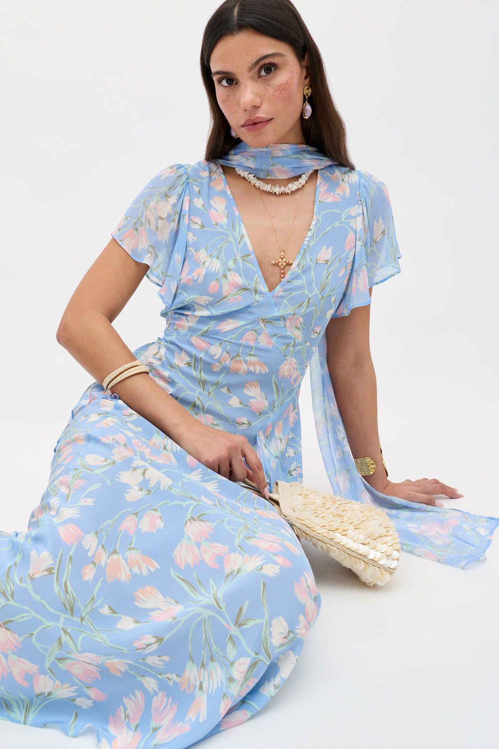 Evie Silk Midi Dress in Watercolour Floral Blue | RIXO USA ⋆