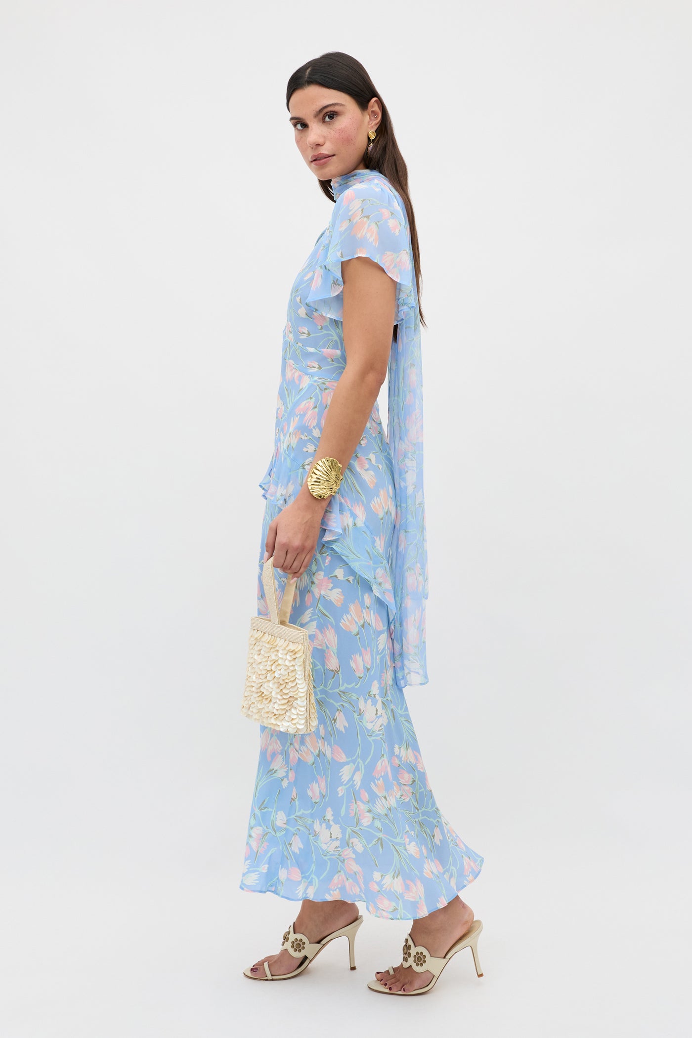 Evie Silk Midi Dress in Watercolour Floral Blue | RIXO USA ⋆