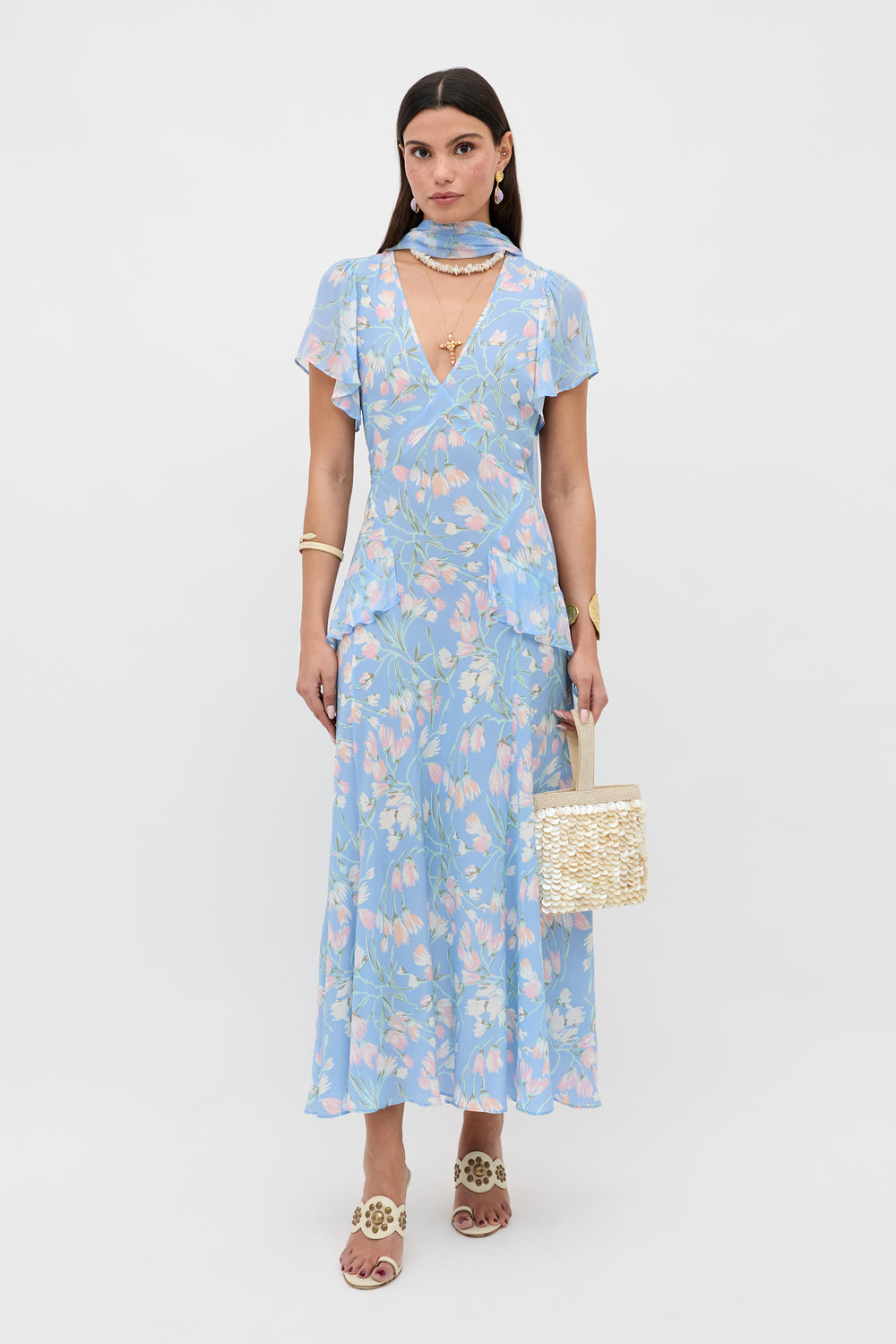 Evie Silk Midi Dress in Watercolour Floral Blue | RIXO USA ⋆
