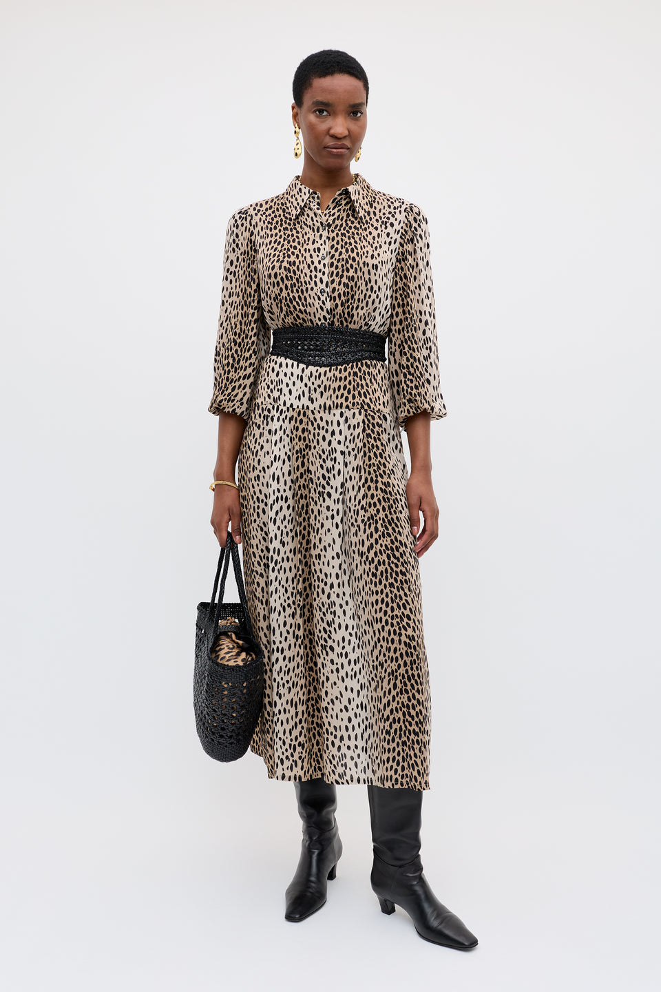 Amina Midi Dress in Brown Antelope Spot Black
