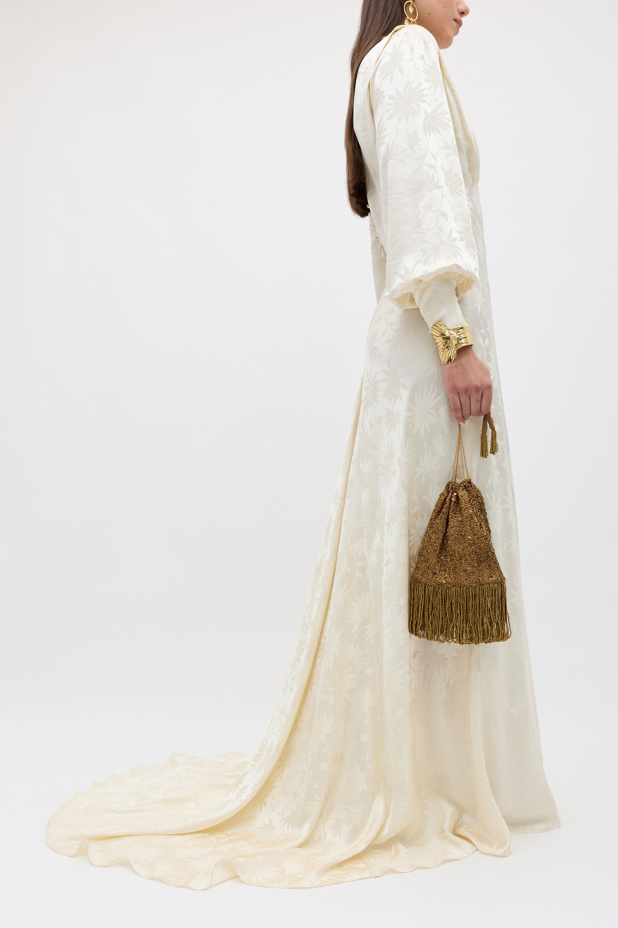 Clementine Silk Gown in Ivory Daisy Jacquard Champagne