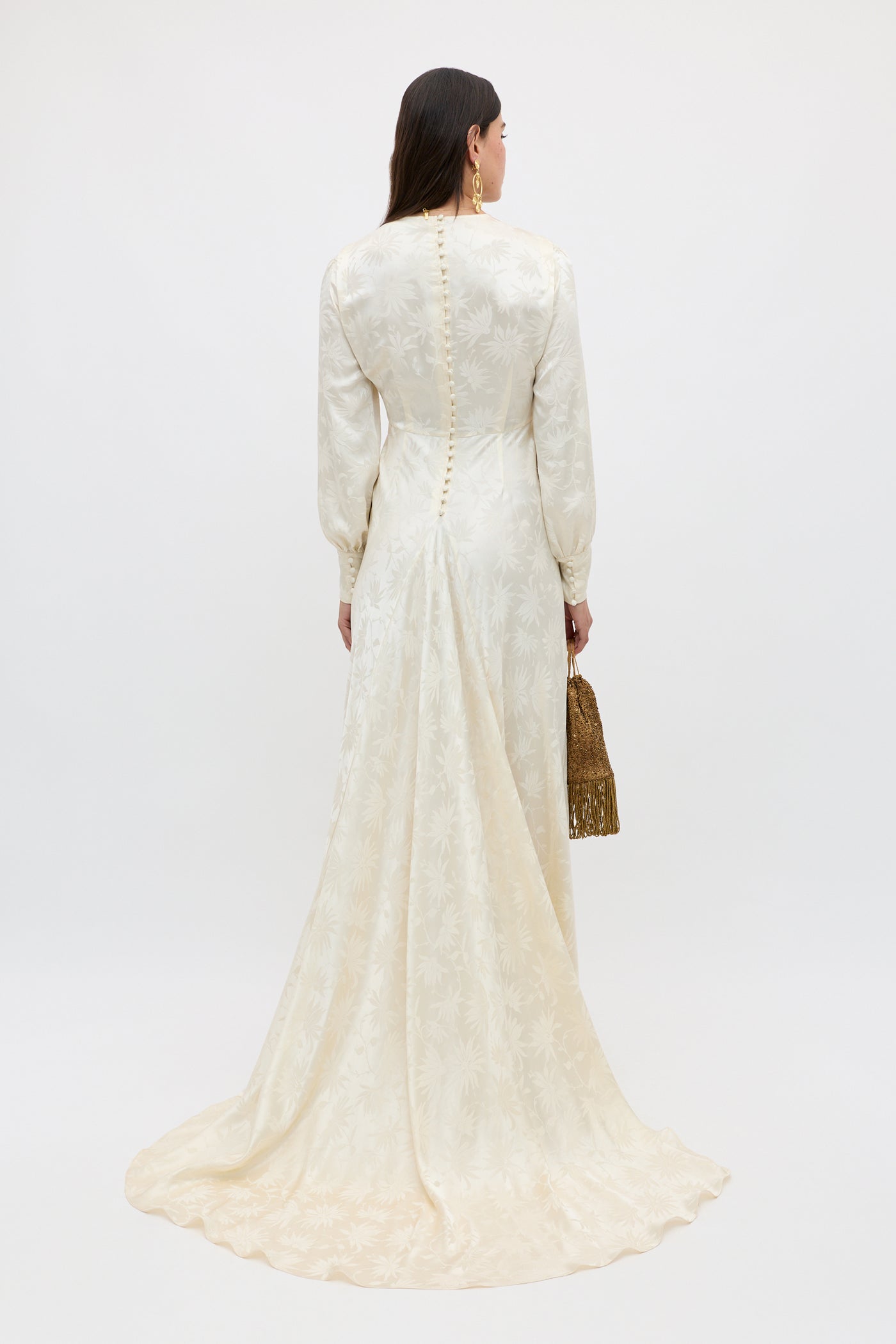 Clementine Silk Gown in Ivory Daisy Jacquard Champagne