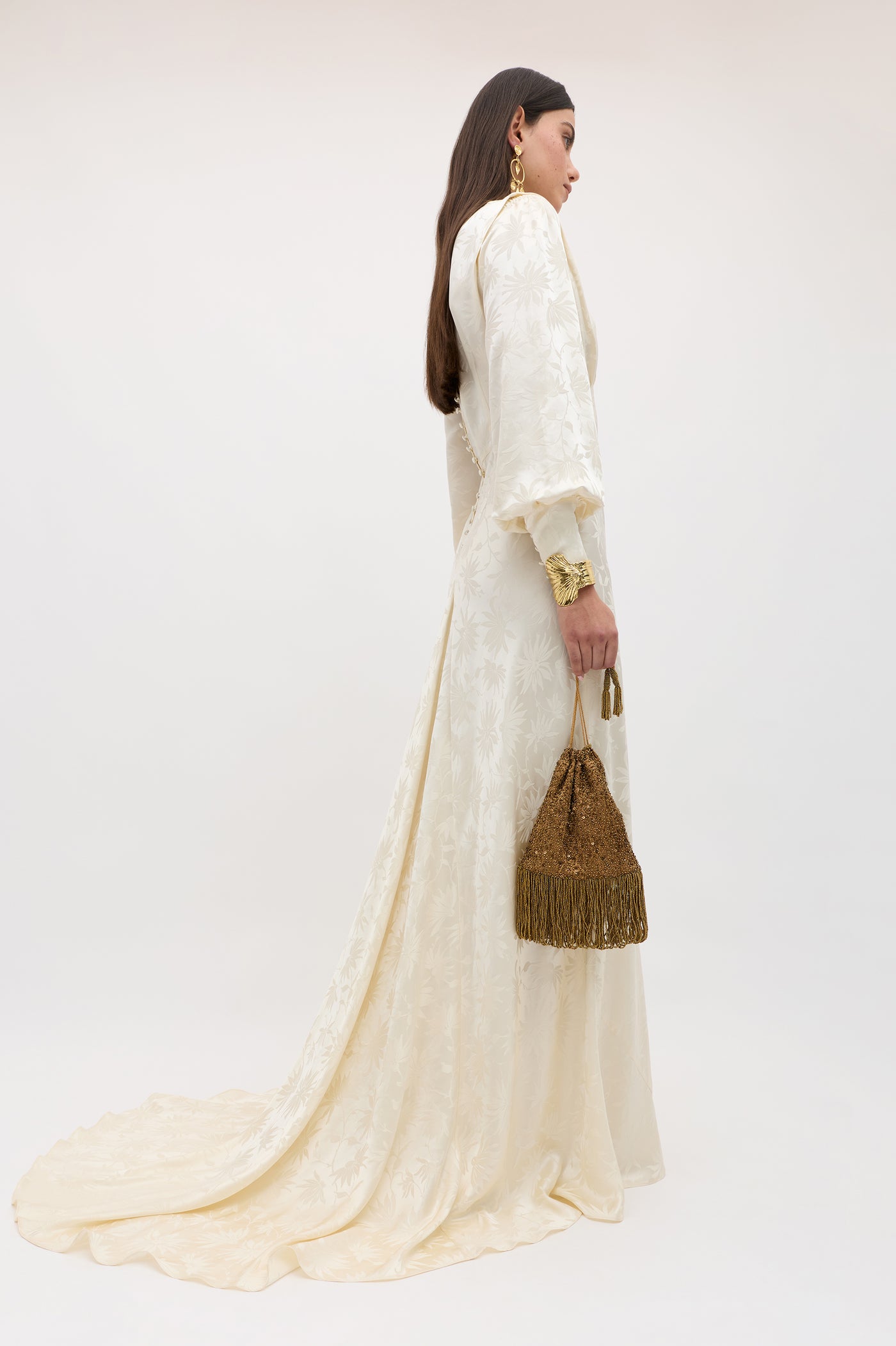Clementine Silk Gown in Ivory Daisy Jacquard Champagne