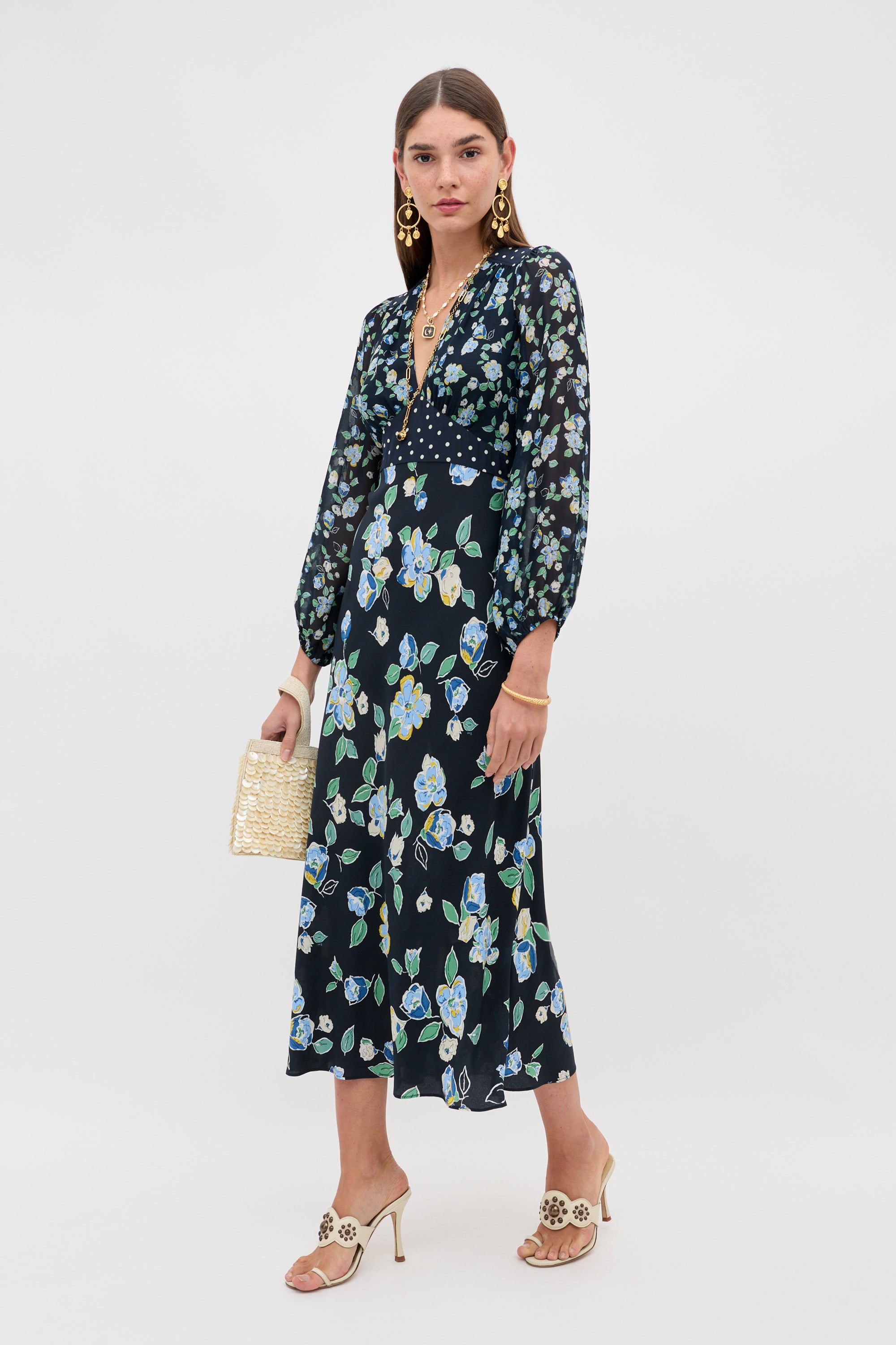 Kaila Silk-Midi Dress in Layla Mix Navy | RIXO ⋆