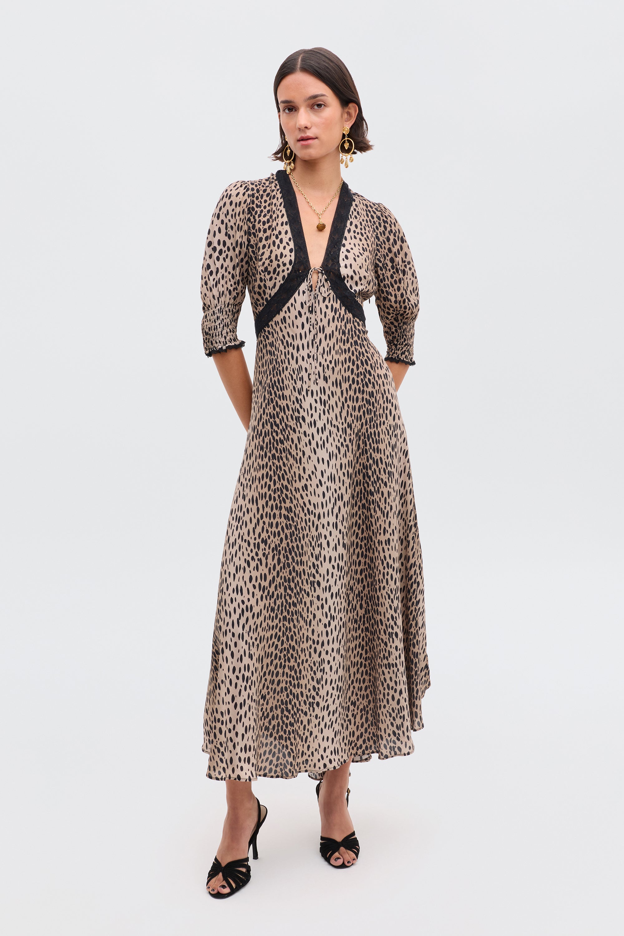 Amina Midi Dress in Brown Antelope Spot Black