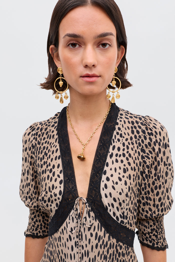 Amina Midi Dress in Brown Antelope Spot Black
