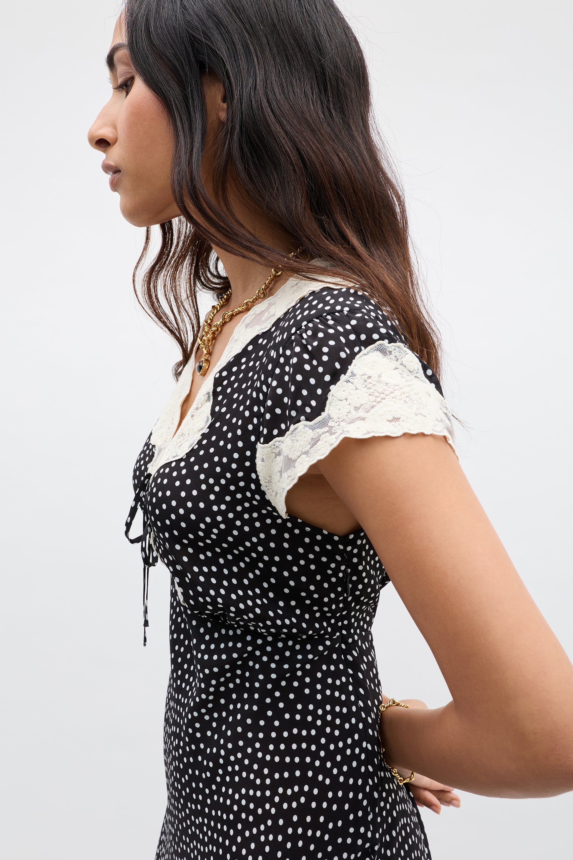 Amari Silk Midi Dress in Mini Polka Dot Black