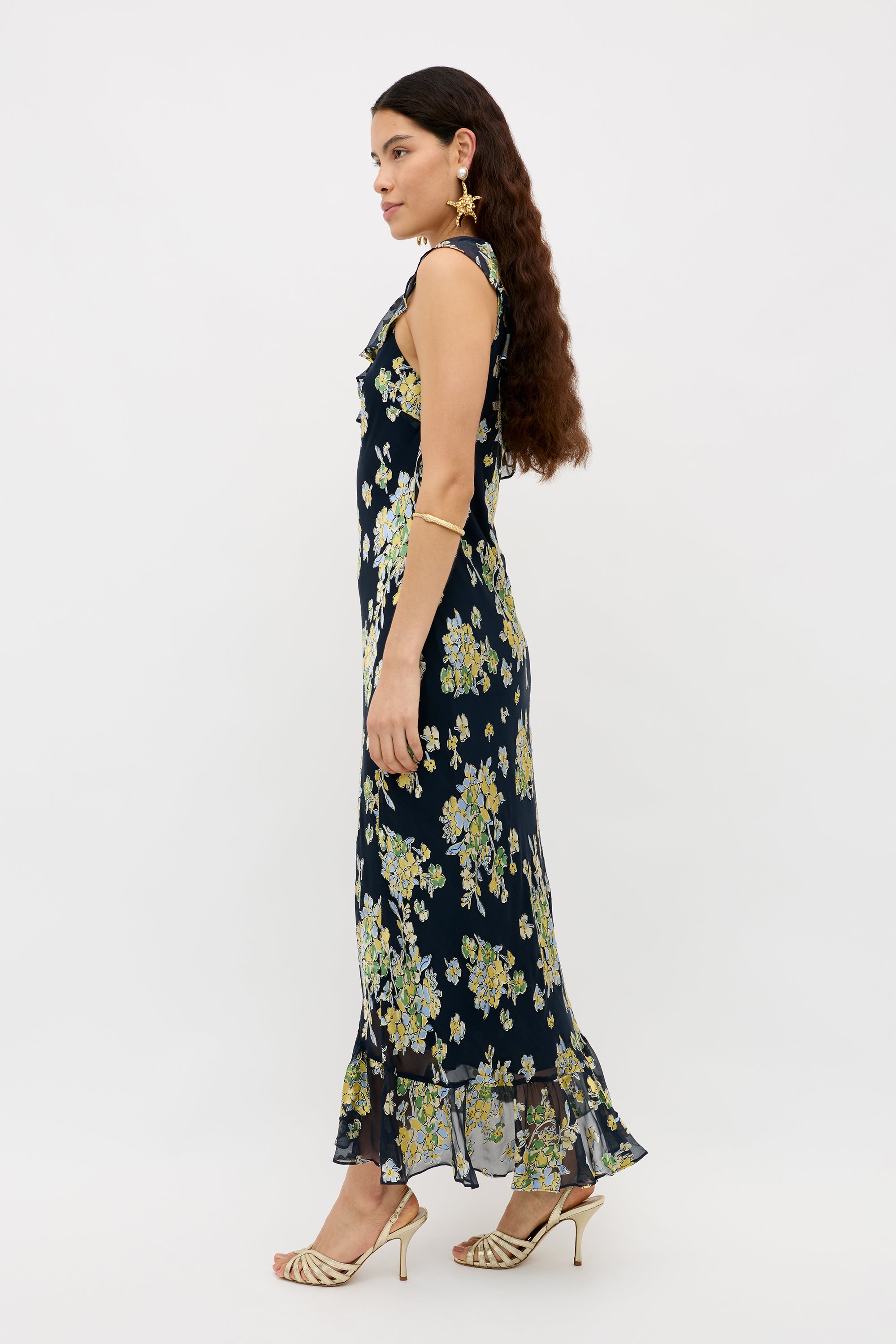 Leon Silk-Satin Midi Devoré in Bouquet Devoré Navy