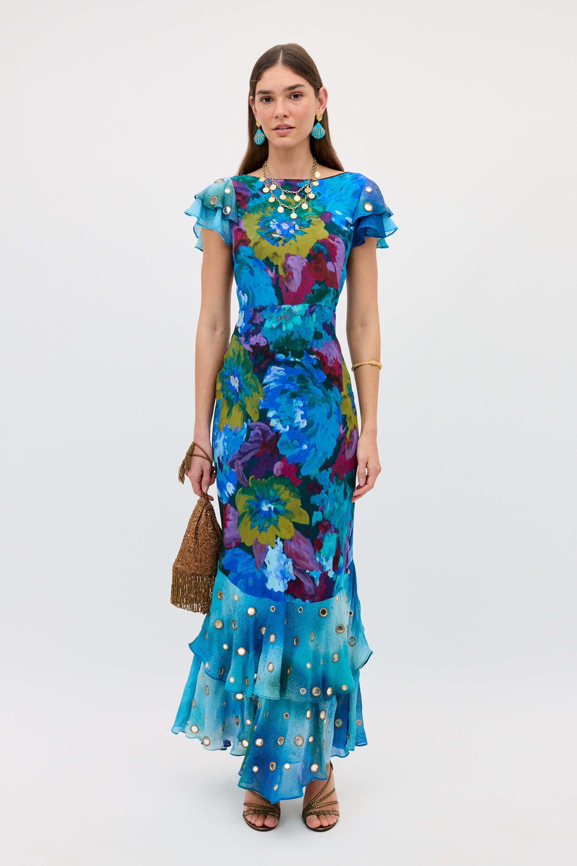 Ordinia Embellished Silk Gown in Jessica Bouquet Mix Blue | RIXO USA ⋆