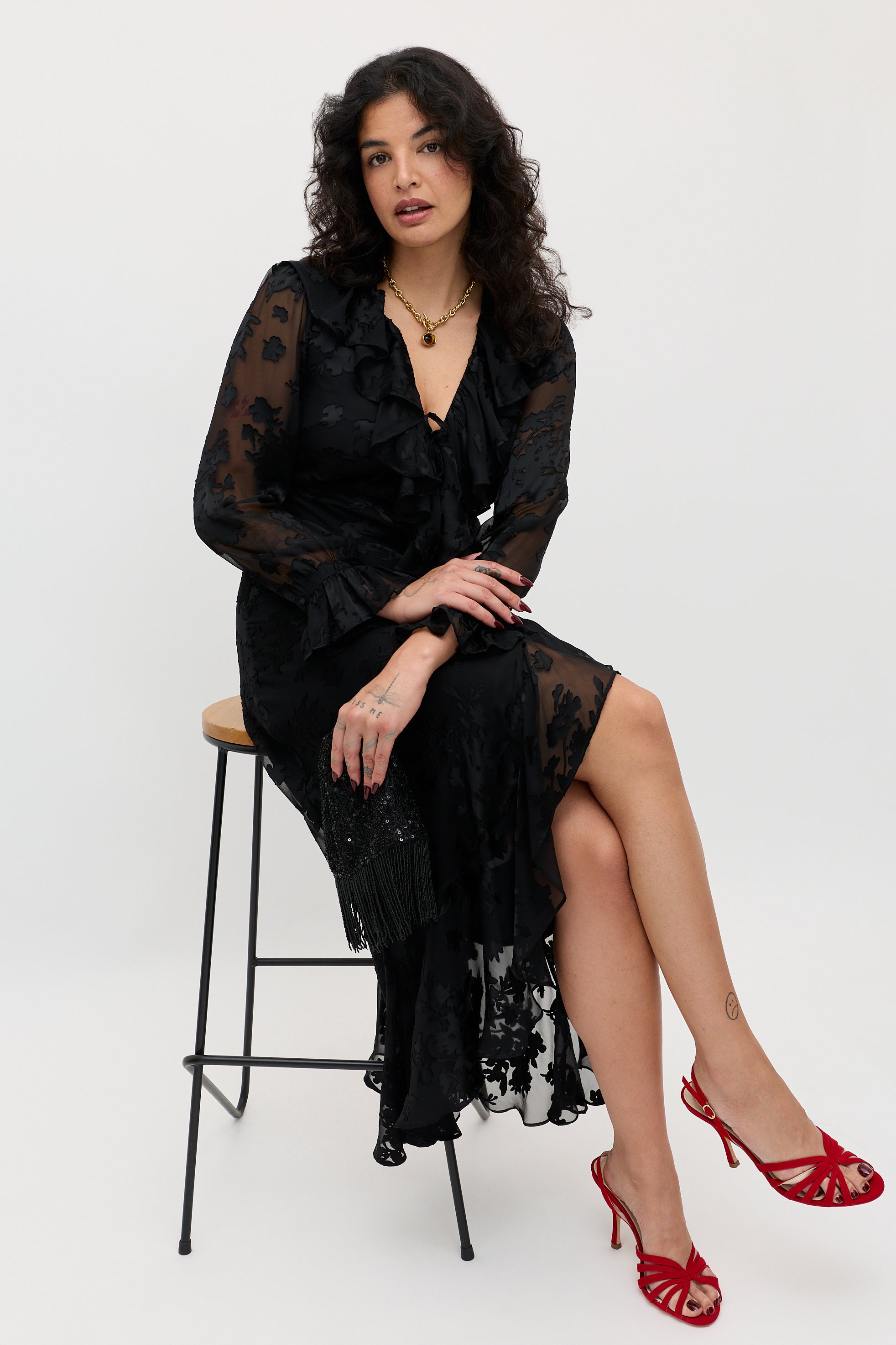 Gracye Silk-Satin Devoré Midi Dress in Bouquet Devoré Black | RIXO USA ⋆