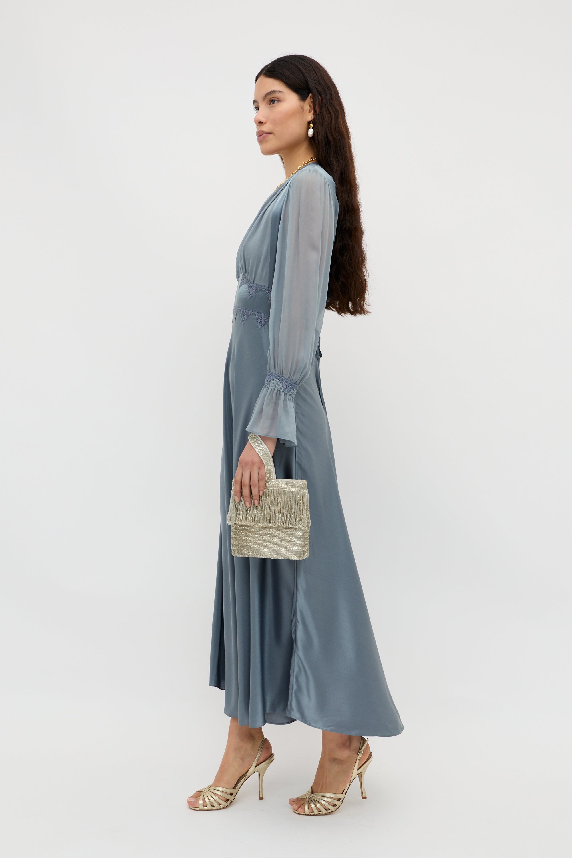 Arlena Silk-Satin Dress in Stone Blue | RIXO ⋆