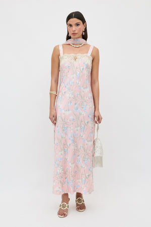 Rosamarie Satin Dress in Watercolour Floral Pink
