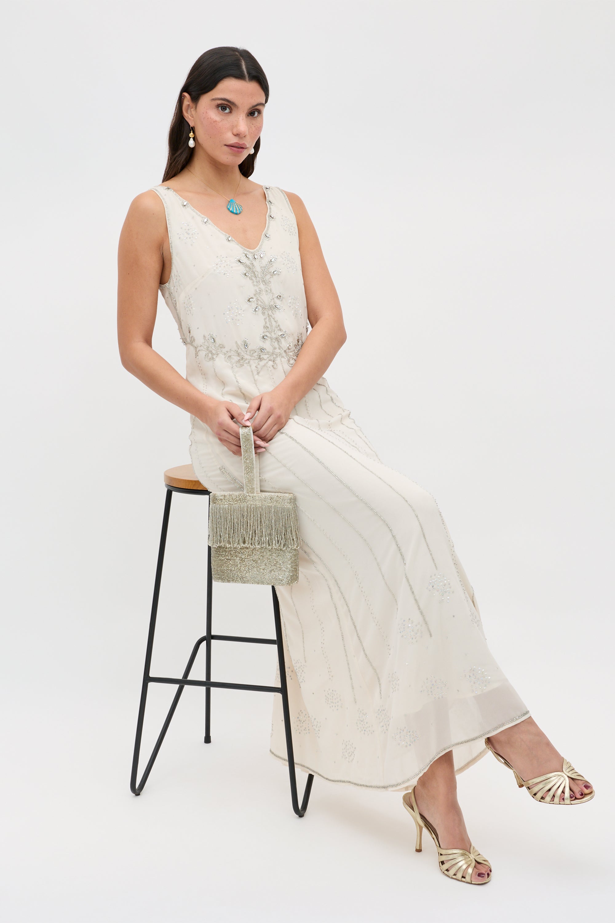 Silvanna Embellished Dress in Ivory Tilda Embellishment Pearl | RIXO USA ⋆