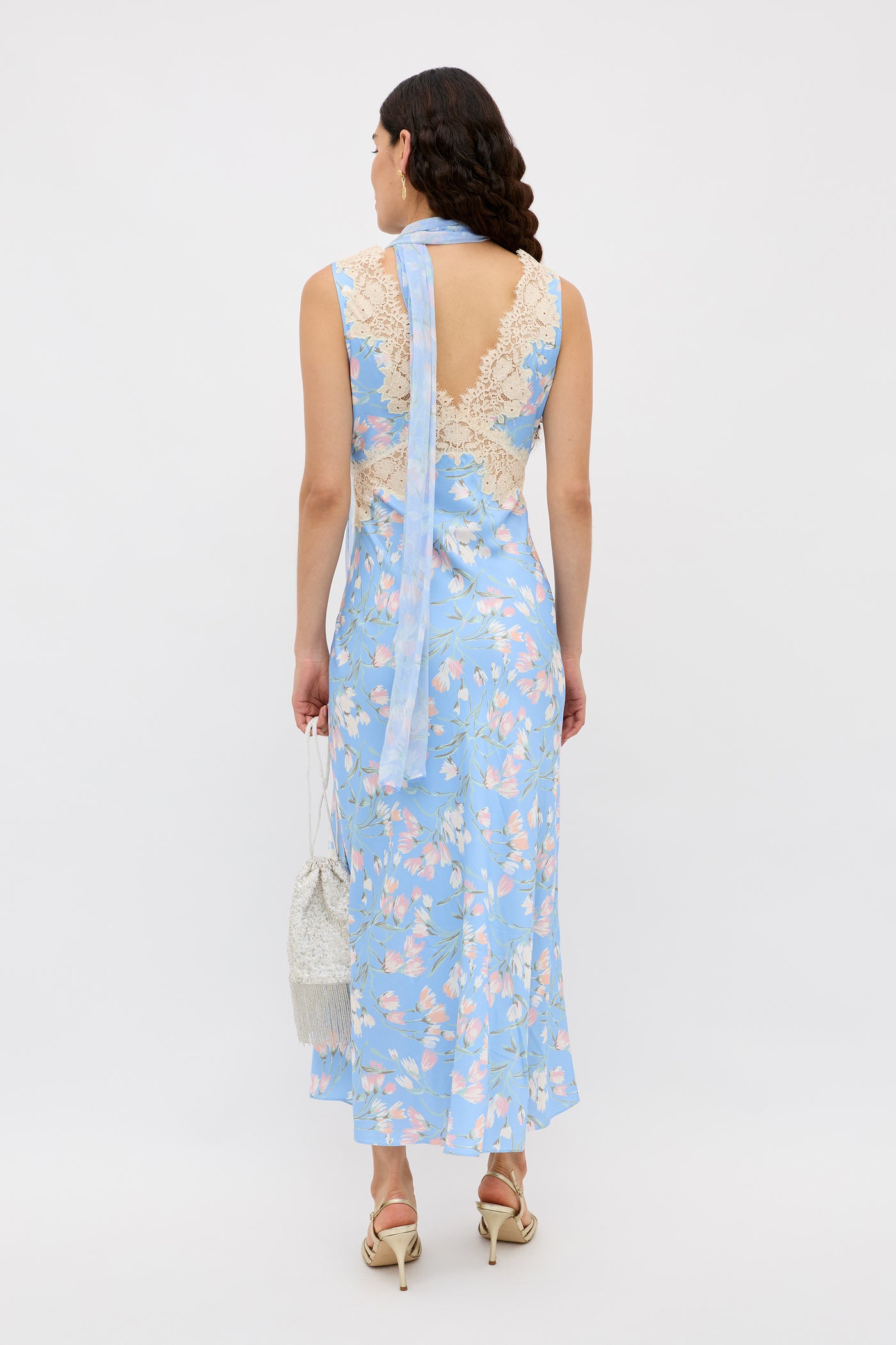 Lysandra Satin Mid Dress in Watercolour Floral Blue | RIXO USA ⋆