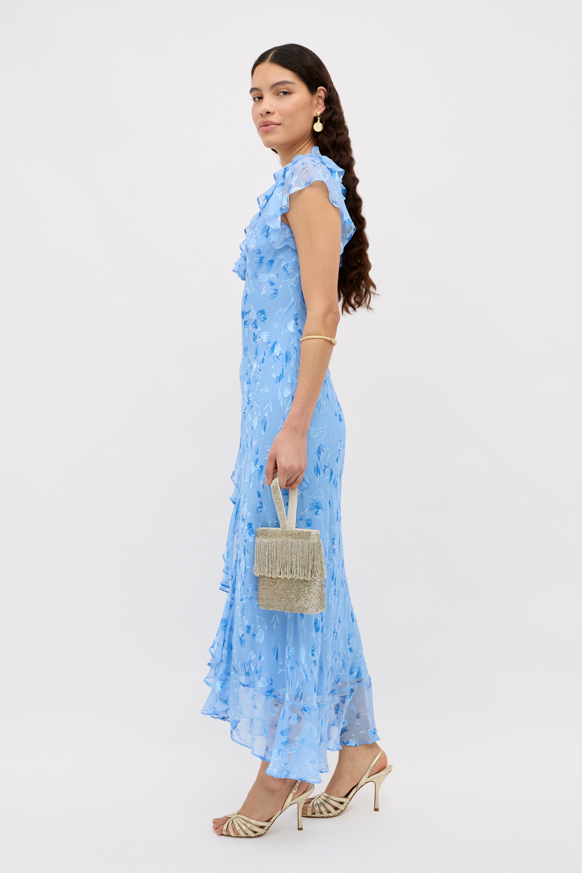 Meadow Silk-Sating Devoré Midi Dress in Ava Devore Blue