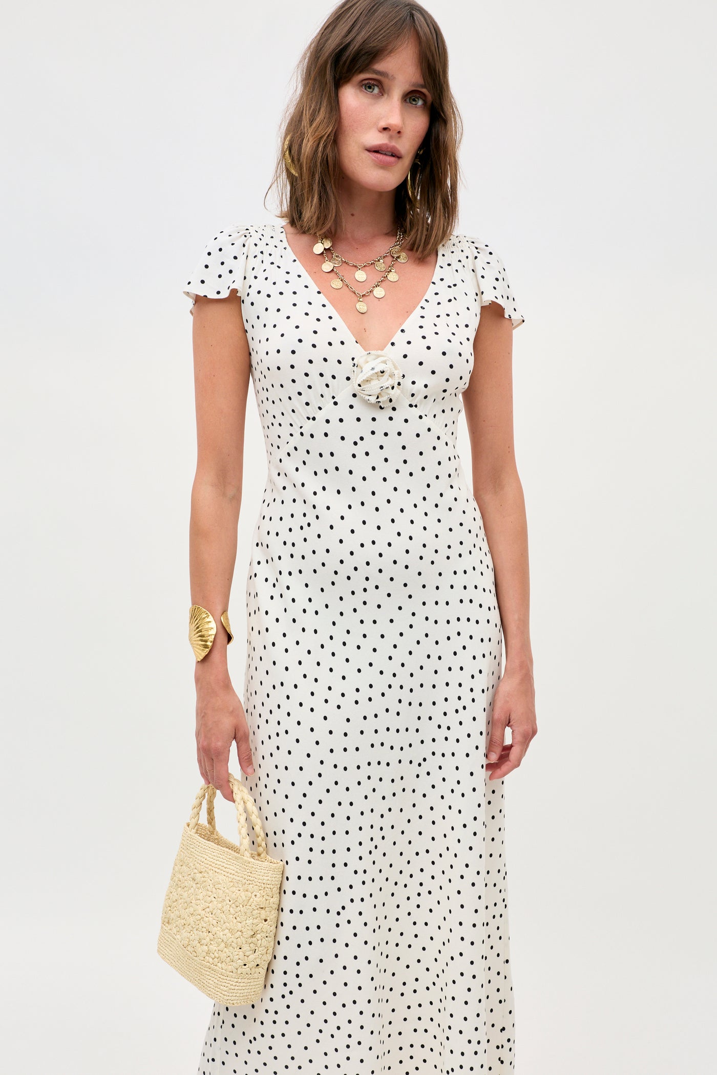 Cathy Midi Dress in White Layla Dot Ivory | RIXO USA ⋆