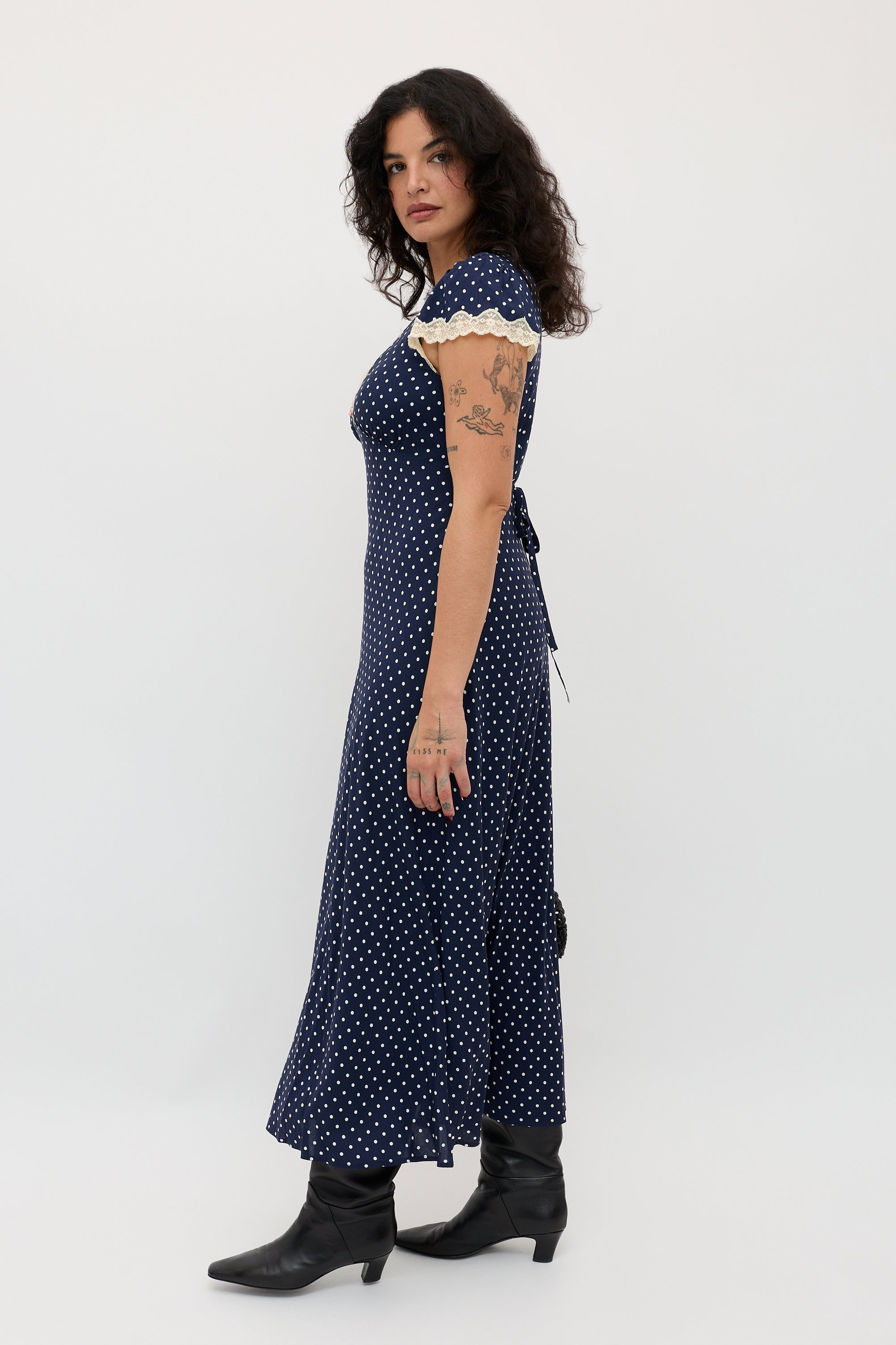 Clarice Midi Dress in Polka Dot Navy | RIXO ⋆
