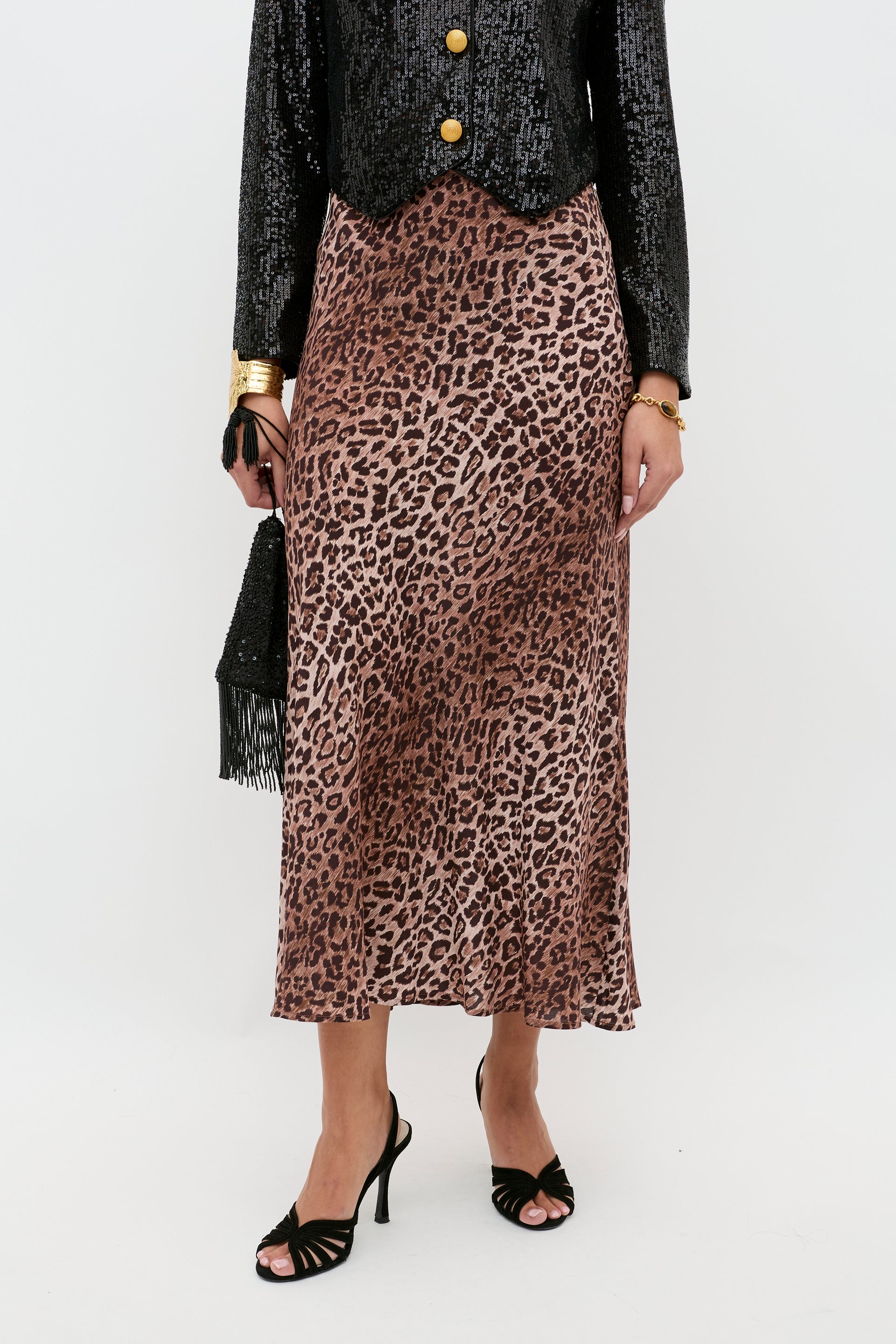 Kelly Silk Midi Skirt in Leopard Brown