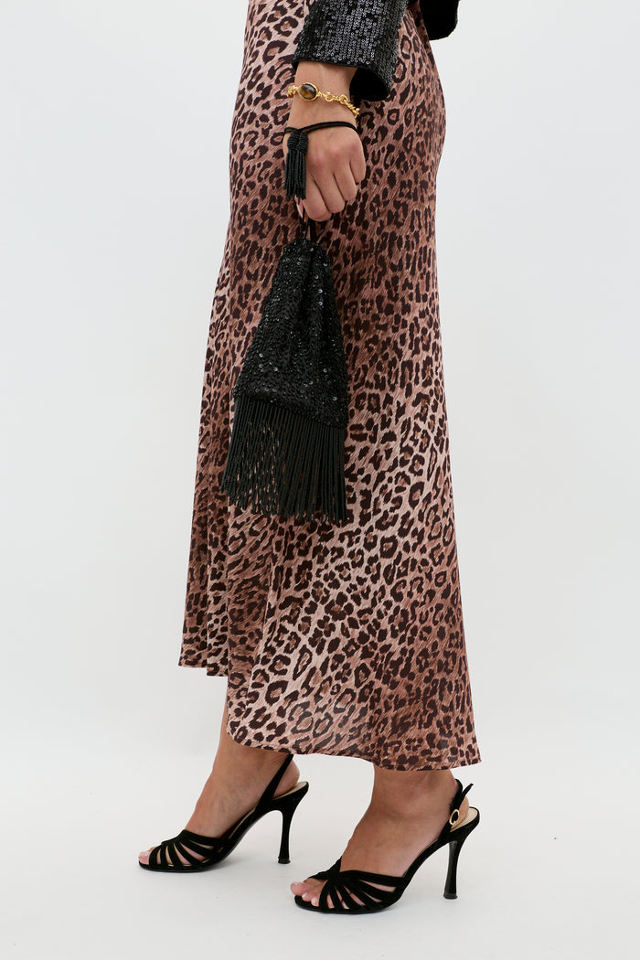Kelly Silk Midi Skirt in Leopard Brown