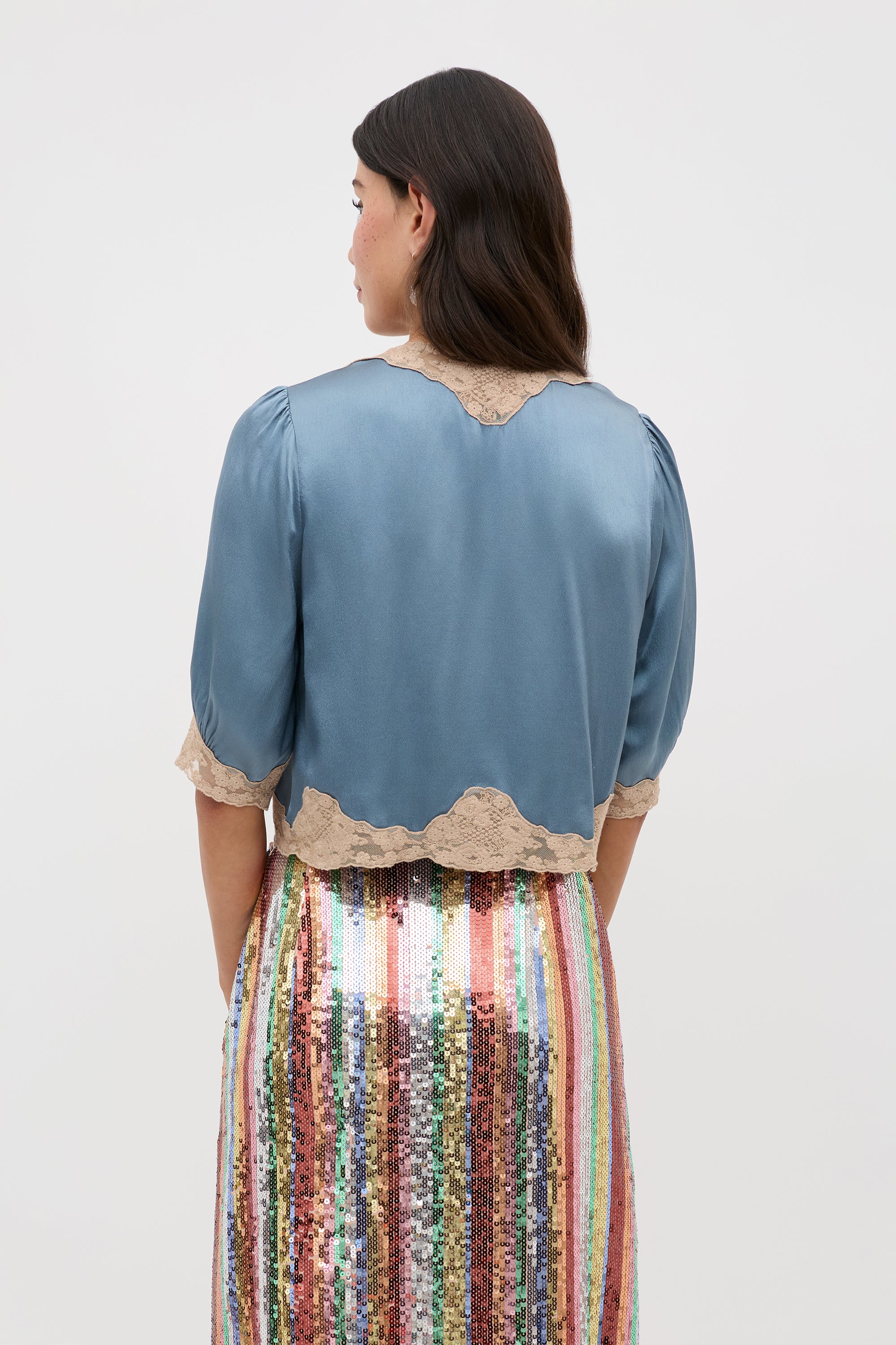 Ursula Satin Top in Stone Blue