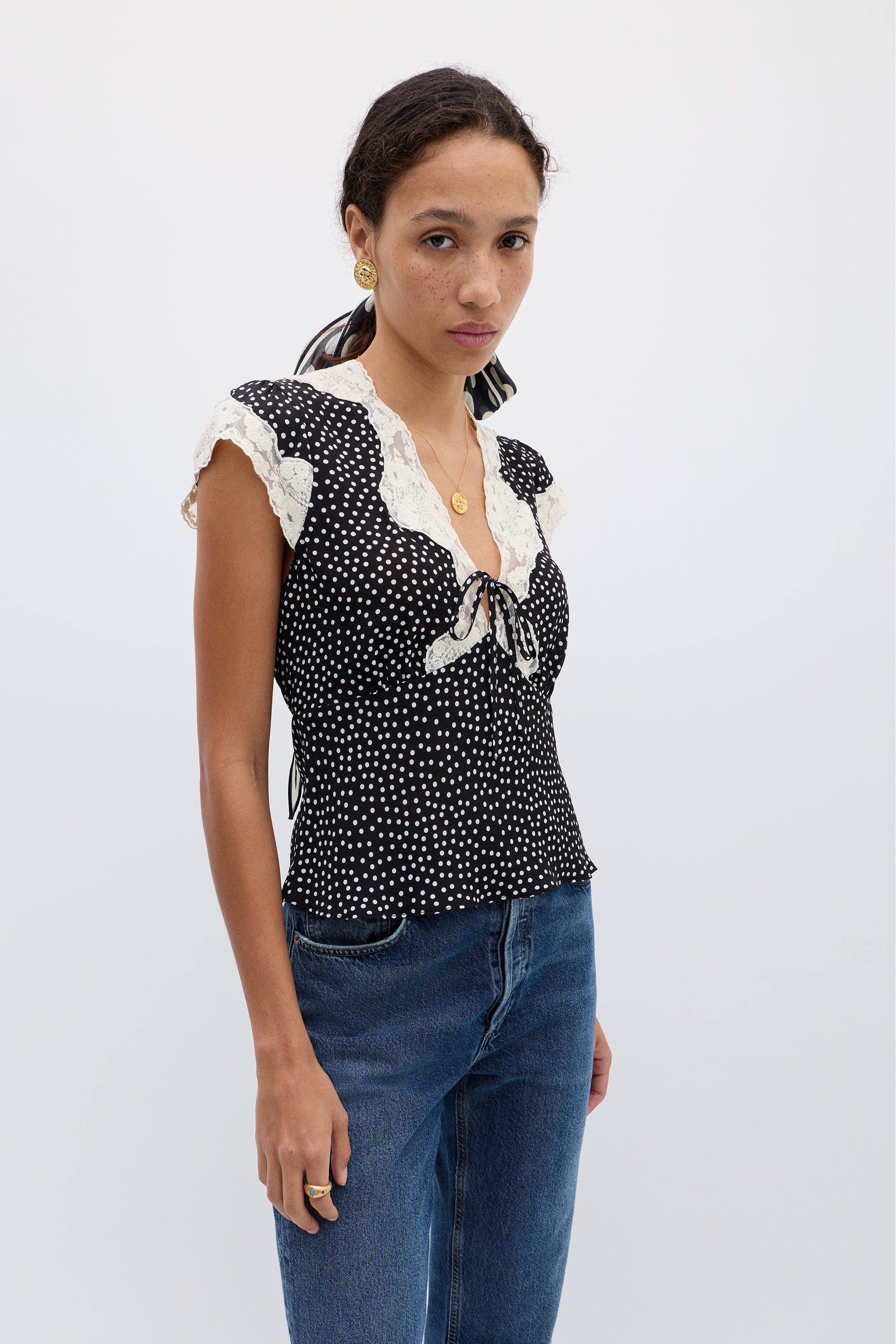 Elaine Silk Top in Mini Polka Dot Black