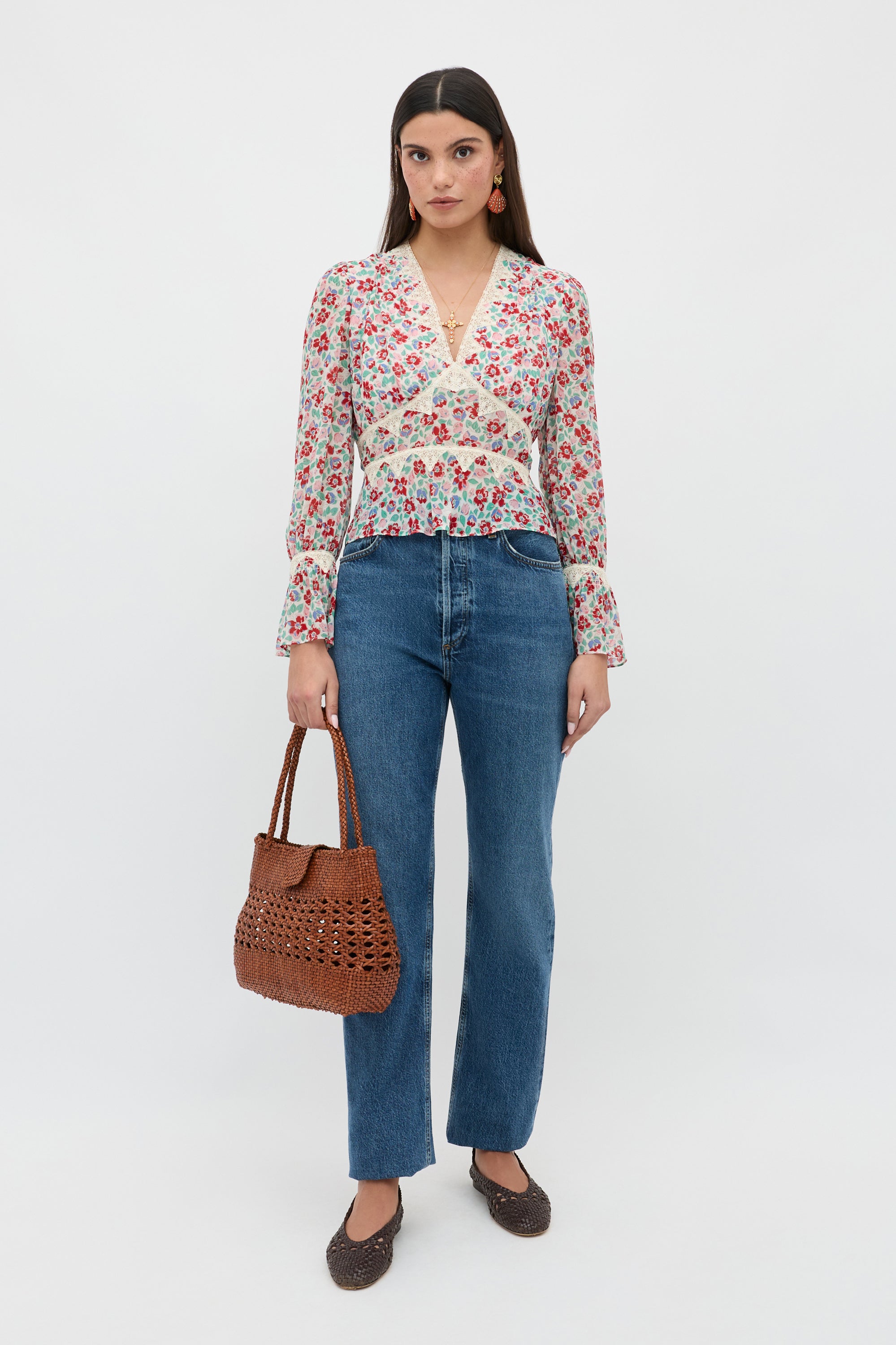 Lenara Georgette Top in Pink Jeannie Bloom Ivory | RIXO ⋆
