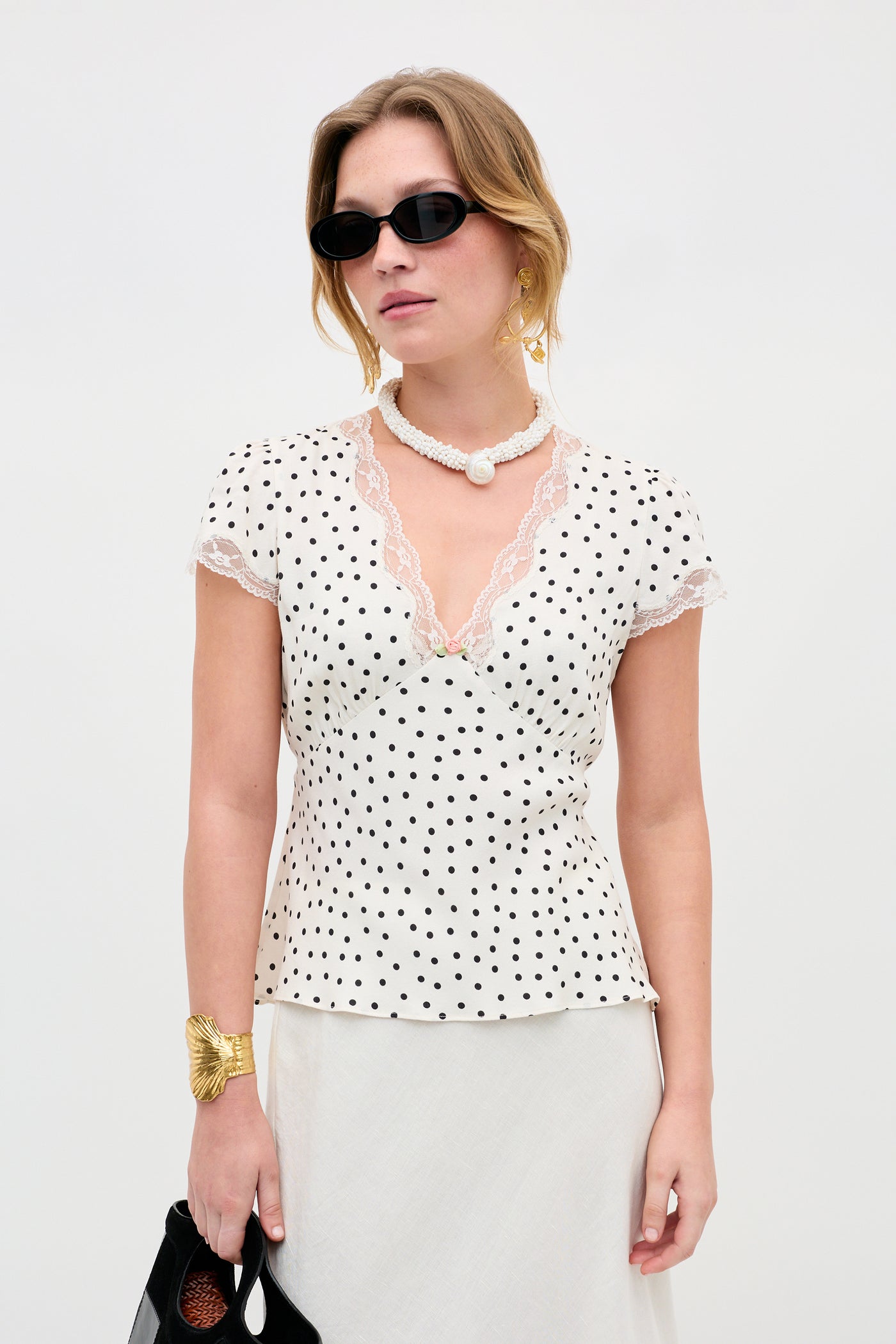 Karia Crepe Top in White Layla Dot Ivory | RIXO Worldwide ⋆