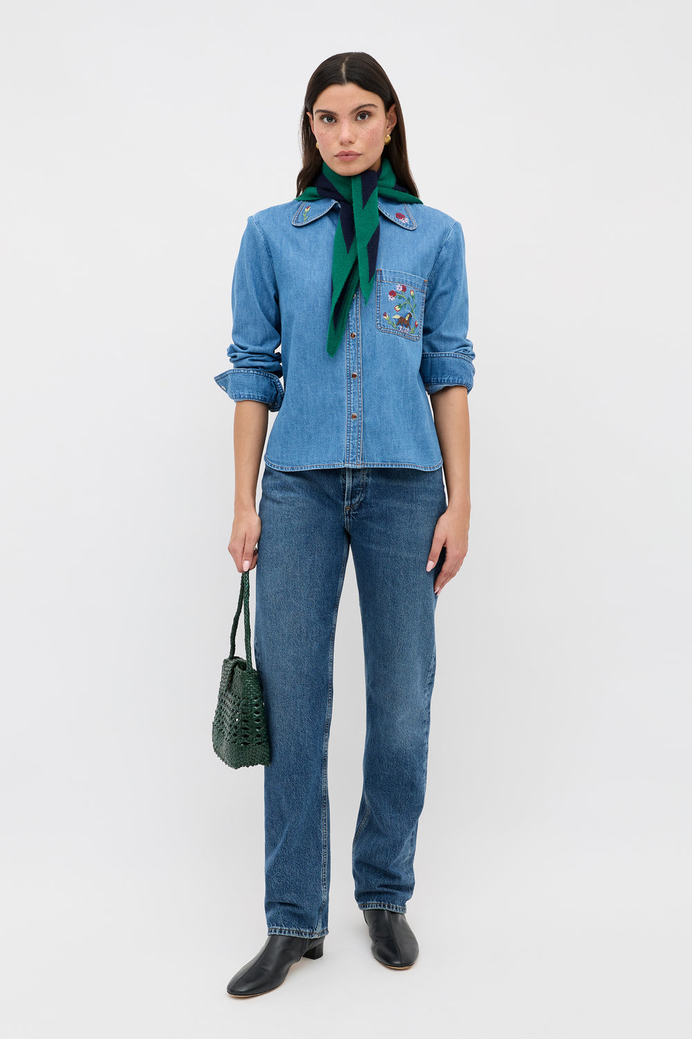 Edaline Cotton Chambray Shirt in Blue Sadie Embroidery Light Vintage