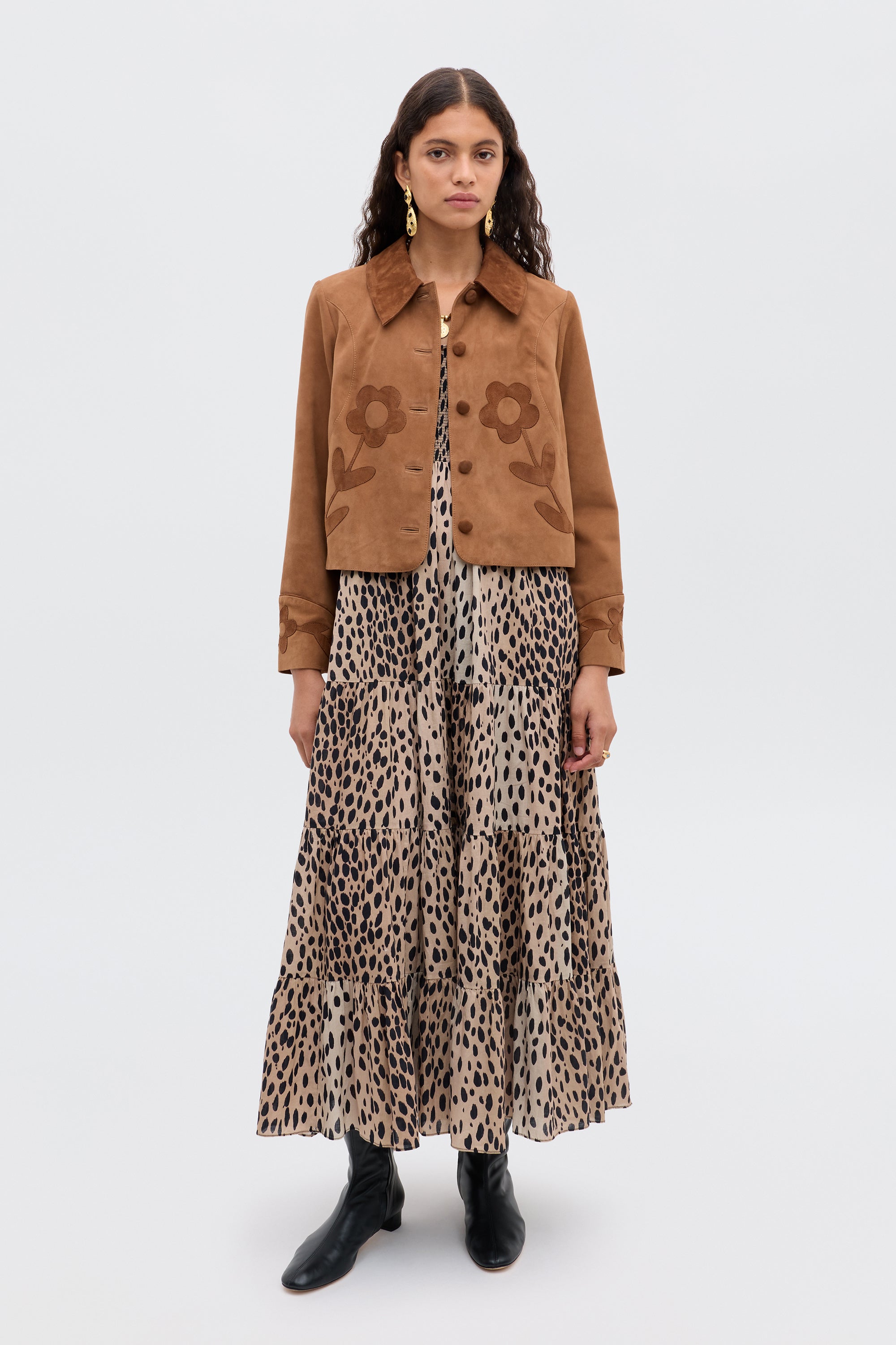 Dionne Suede Jacket in Brown Retro Daisy Applique Tan