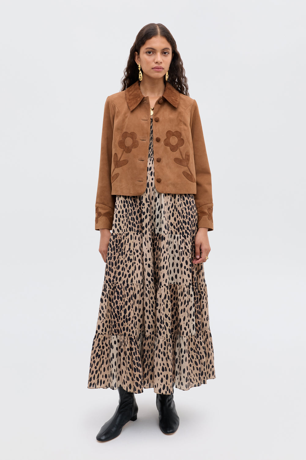 Dionne Suede Jacket in Brown Retro Daisy Applique Tan