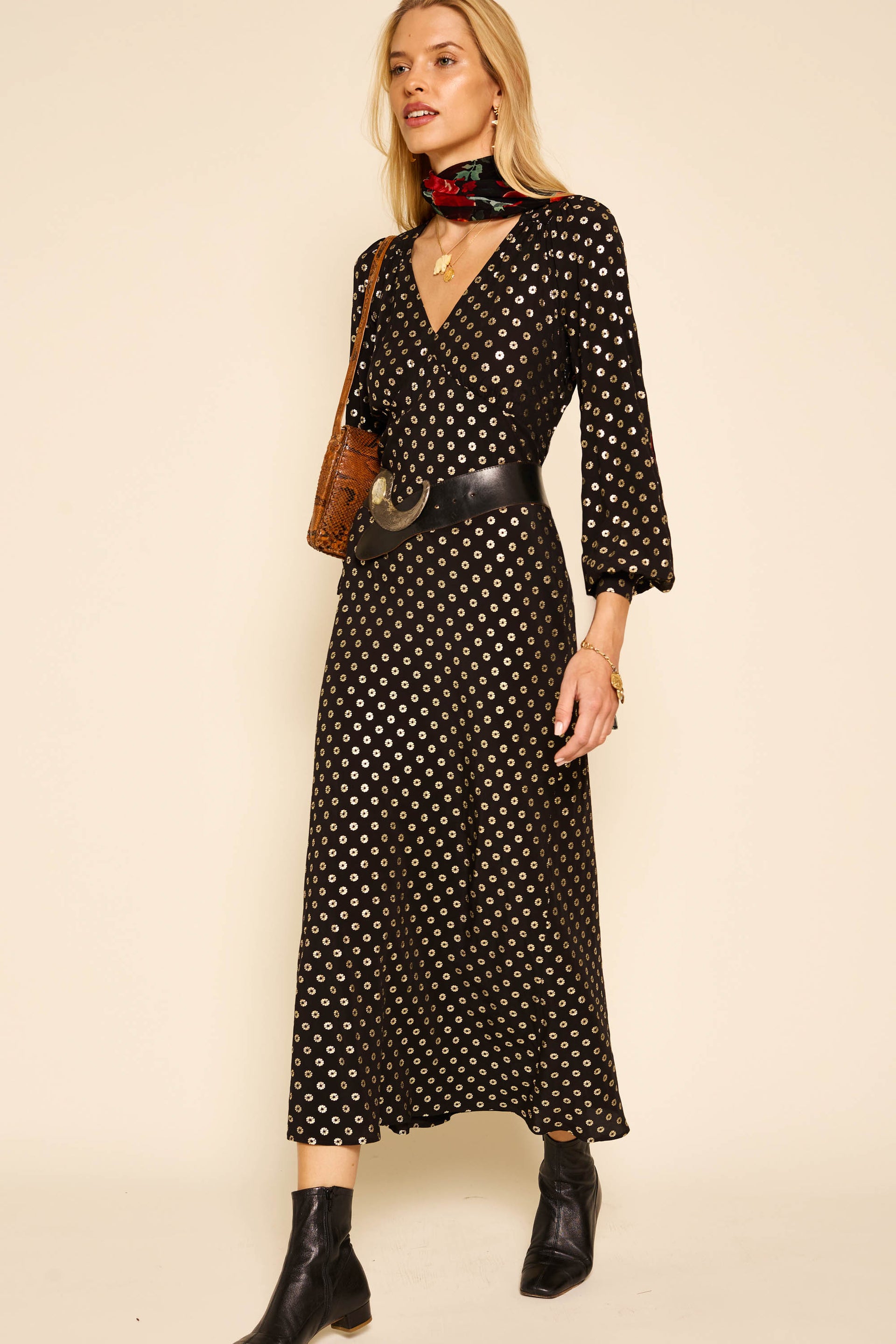 Mavis Midi Dress in Black Shibori Gold