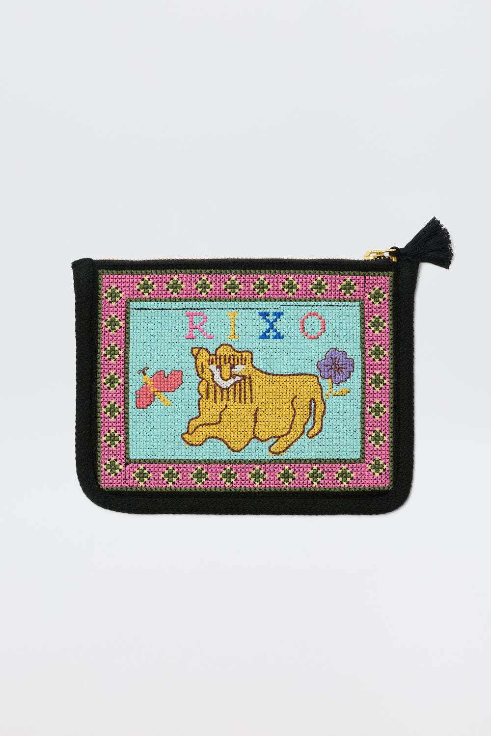 Reiko Pouch in Blue Mini Leo Cross Stitch Embroidery Charcoal | RIXO ⋆