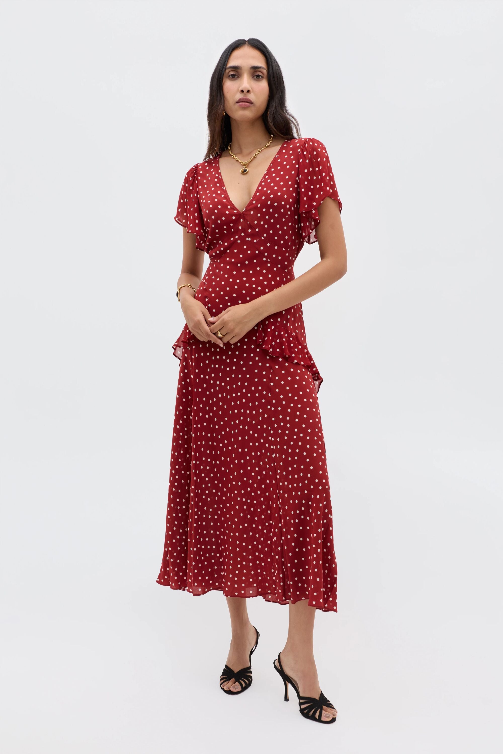 Evie Silk Midi Dress in Layla Dot Red | RIXO ⋆