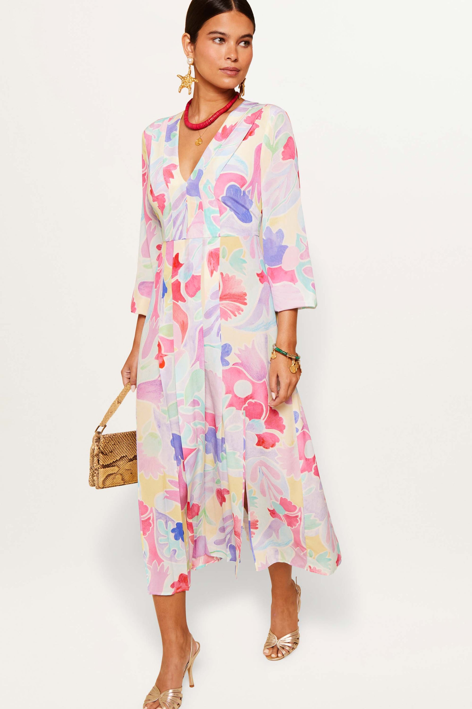 Camellia Silk Midi Dress in Abstract Tulip Ivory