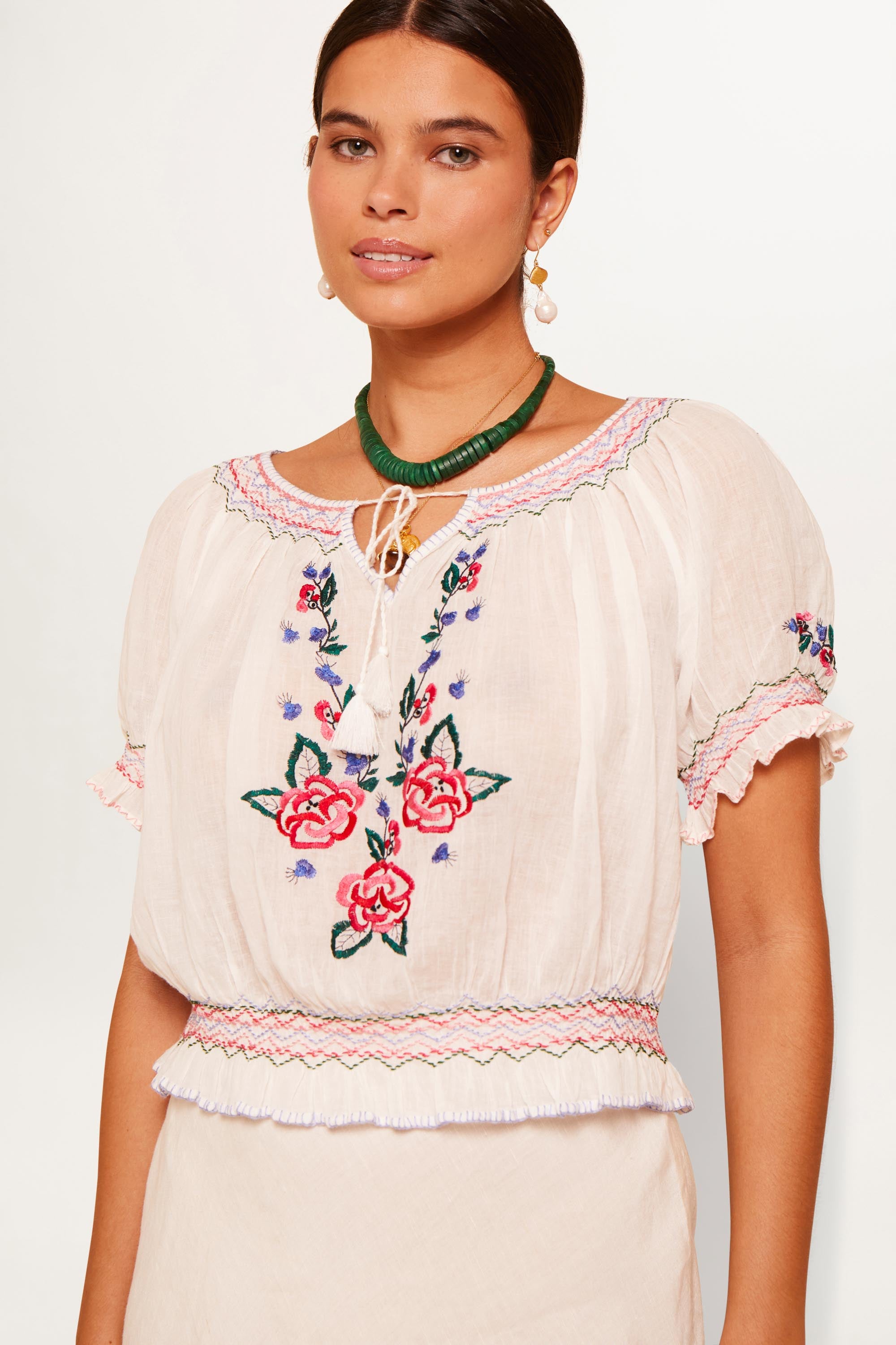 Phlox Cotton Top in White Hungarian Rose Embroidery Ivory