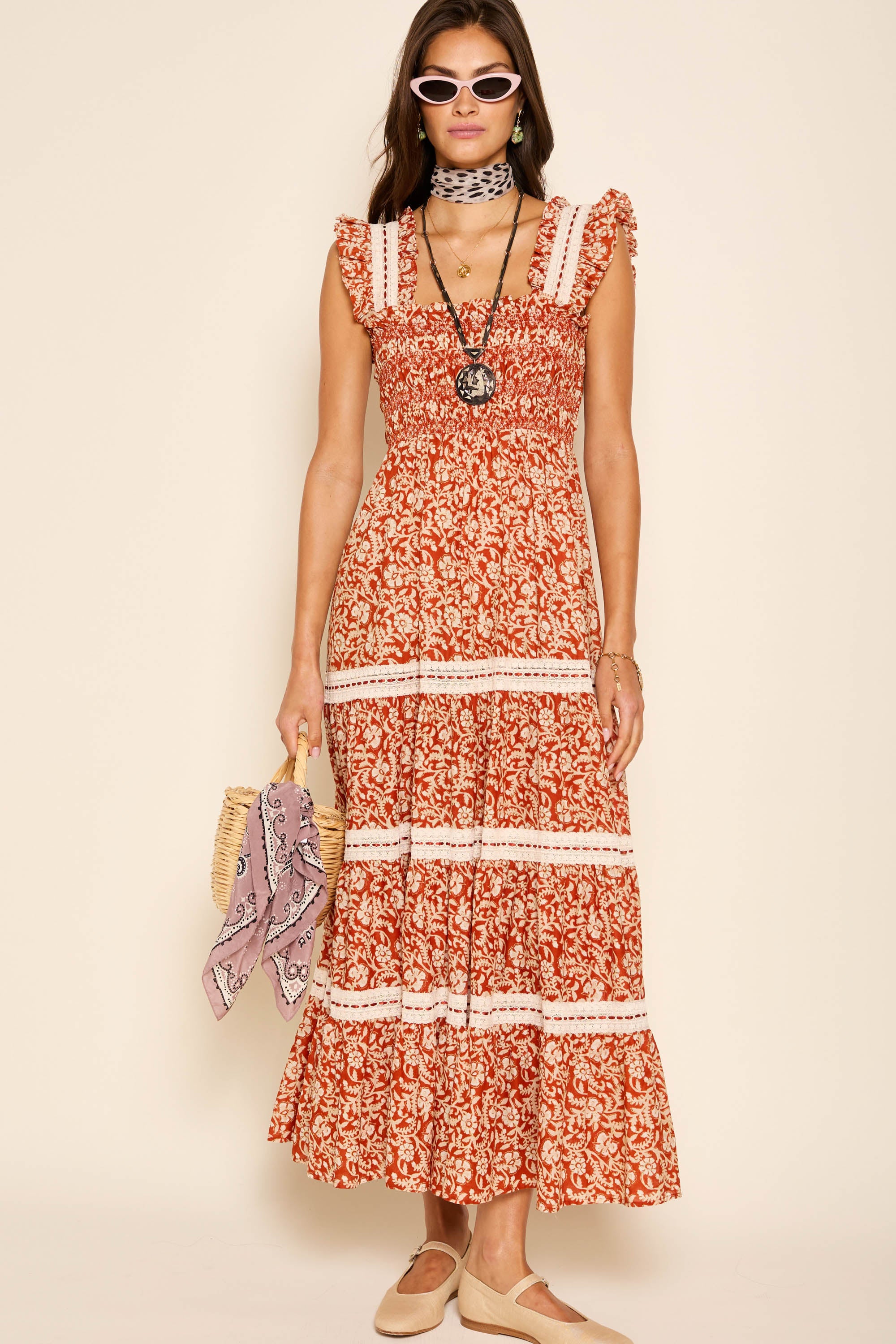 Aubrie Cotton Midi Dress in Orange Sarasa Rose Copper