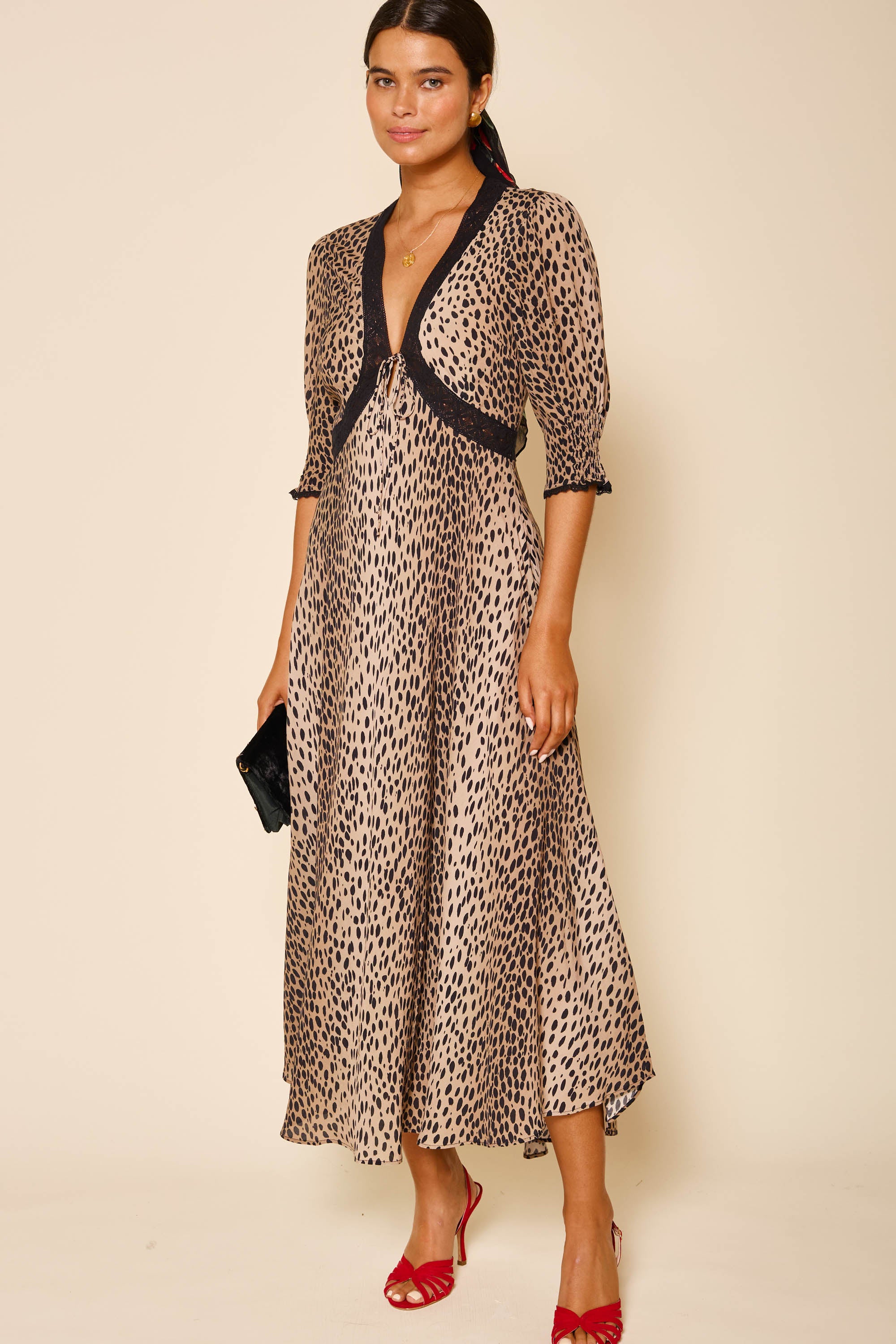 Amina Midi Dress in Brown Antelope Spot Black