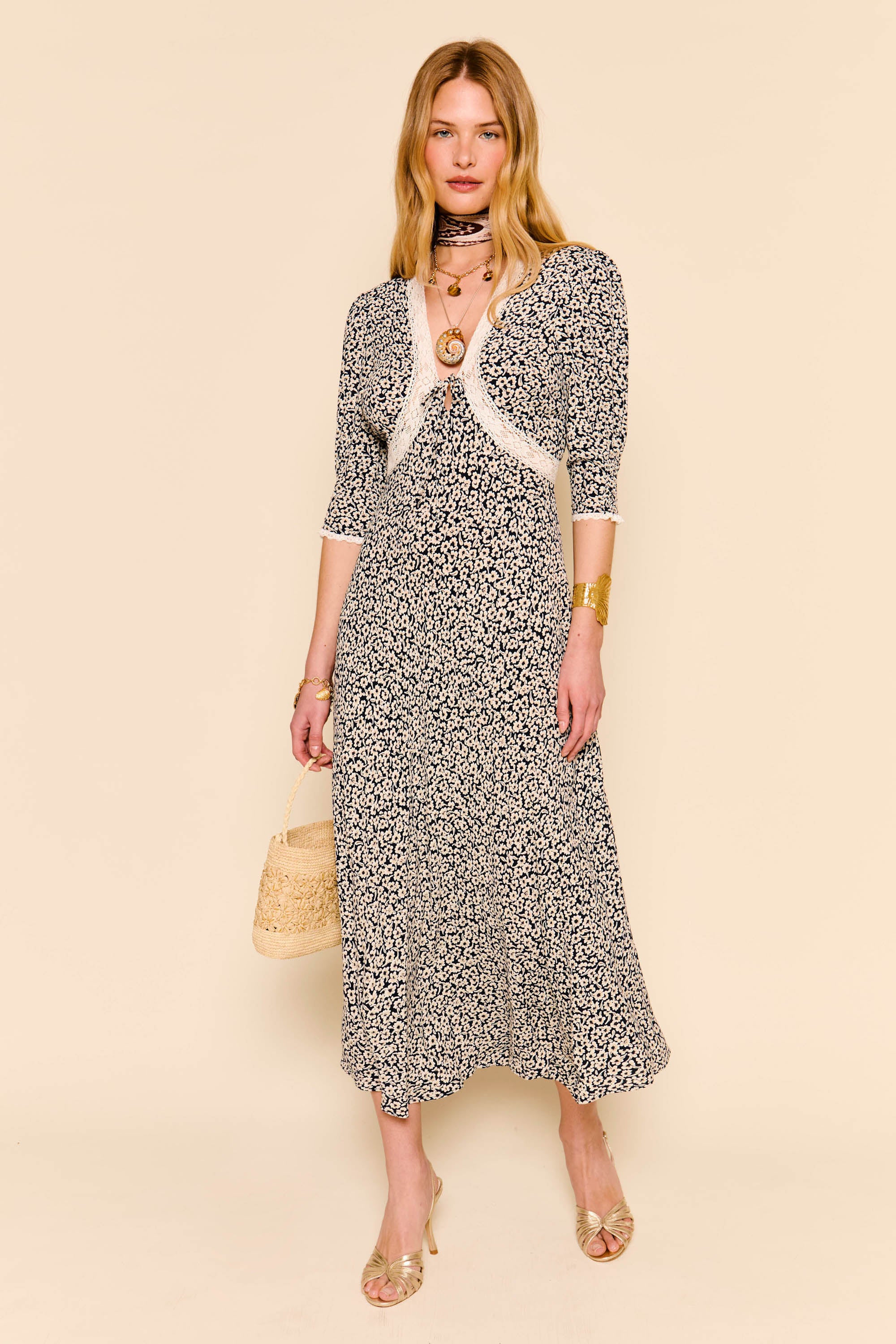 Amina Midi Dress in English Daisy Deep Navy