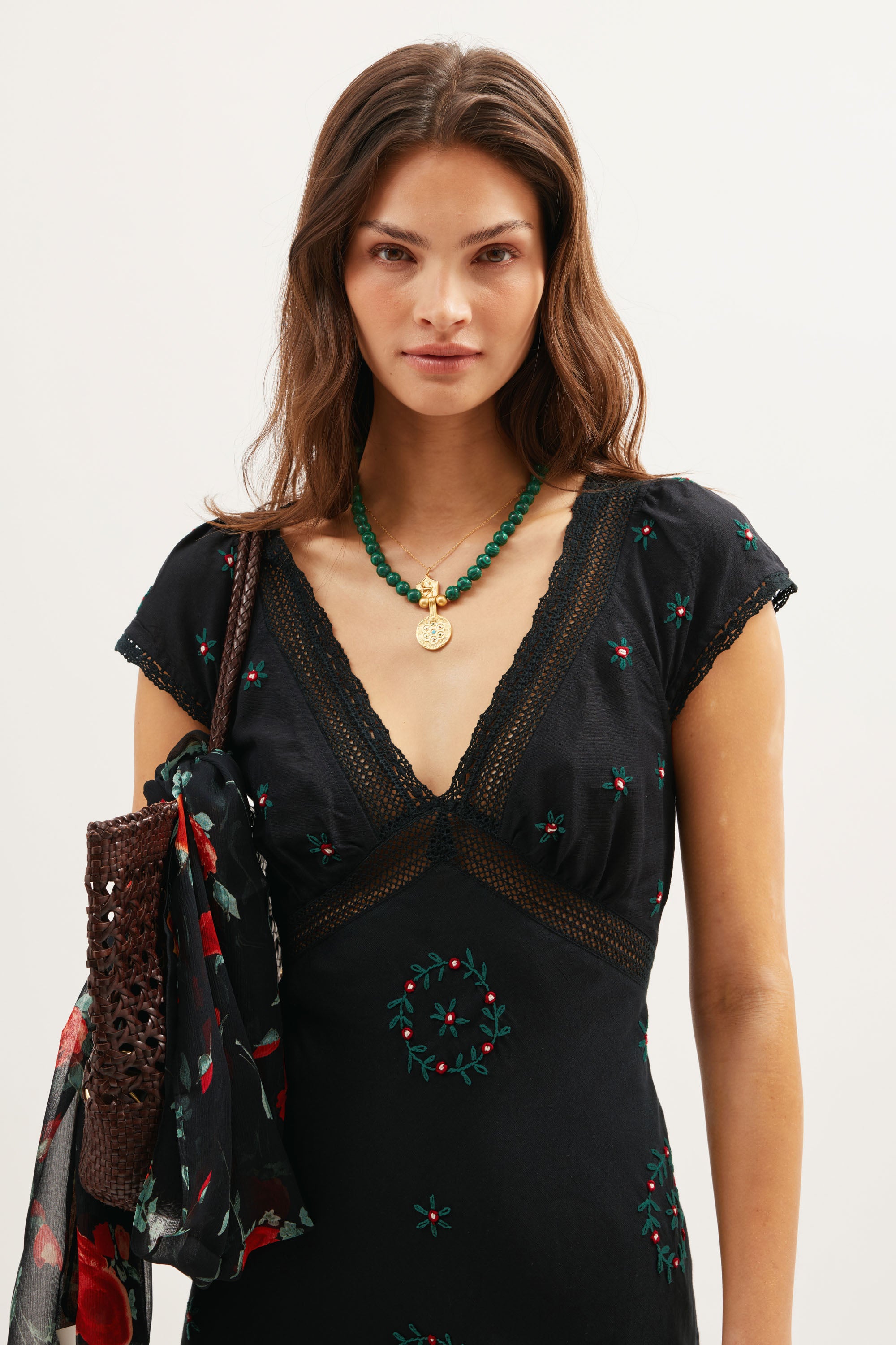 Iggy Midi Dress in Rose Trail Embroidery Black