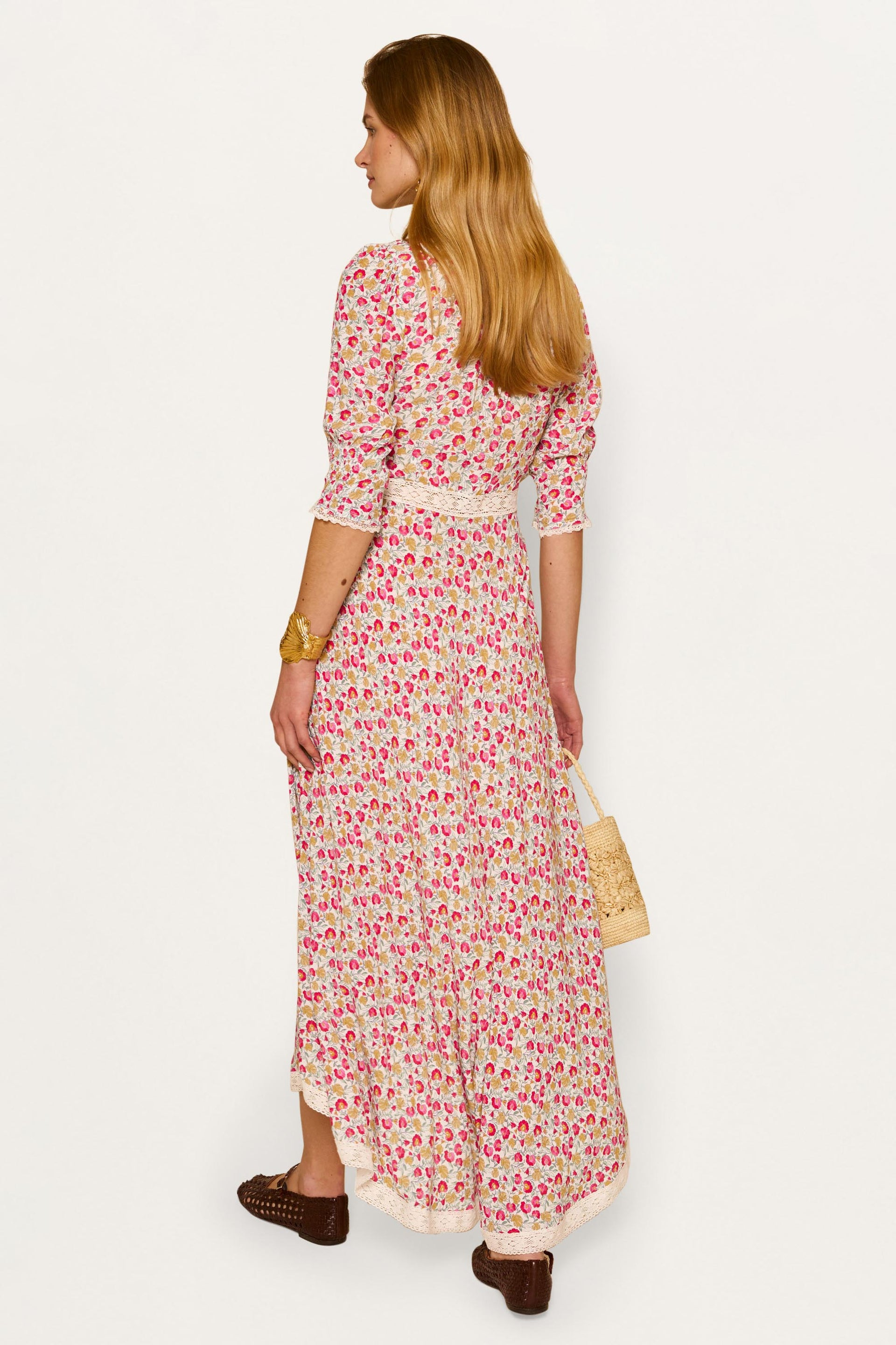 Amina Midi Dress in Pink Shell Pansy Ivory