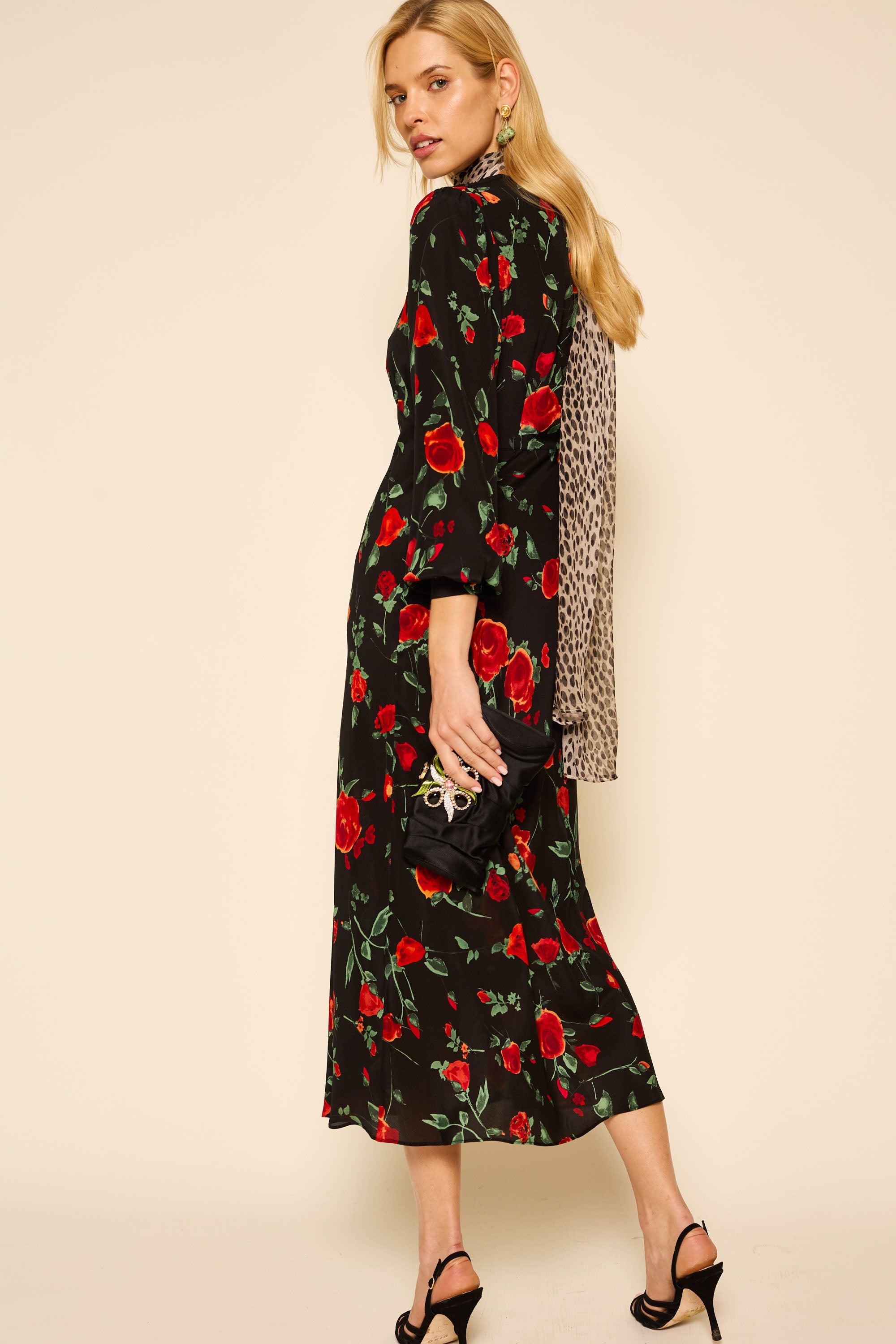 Mavis Silk Midi Dress in Claudia Rose Black