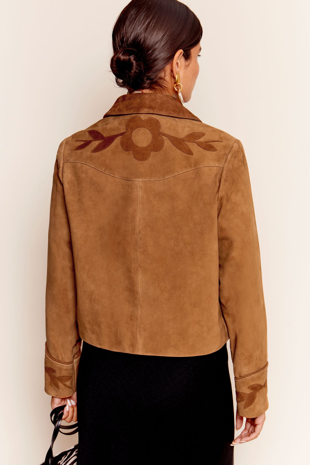 Dionne Suede Jacket in Brown Retro Daisy Applique Tan