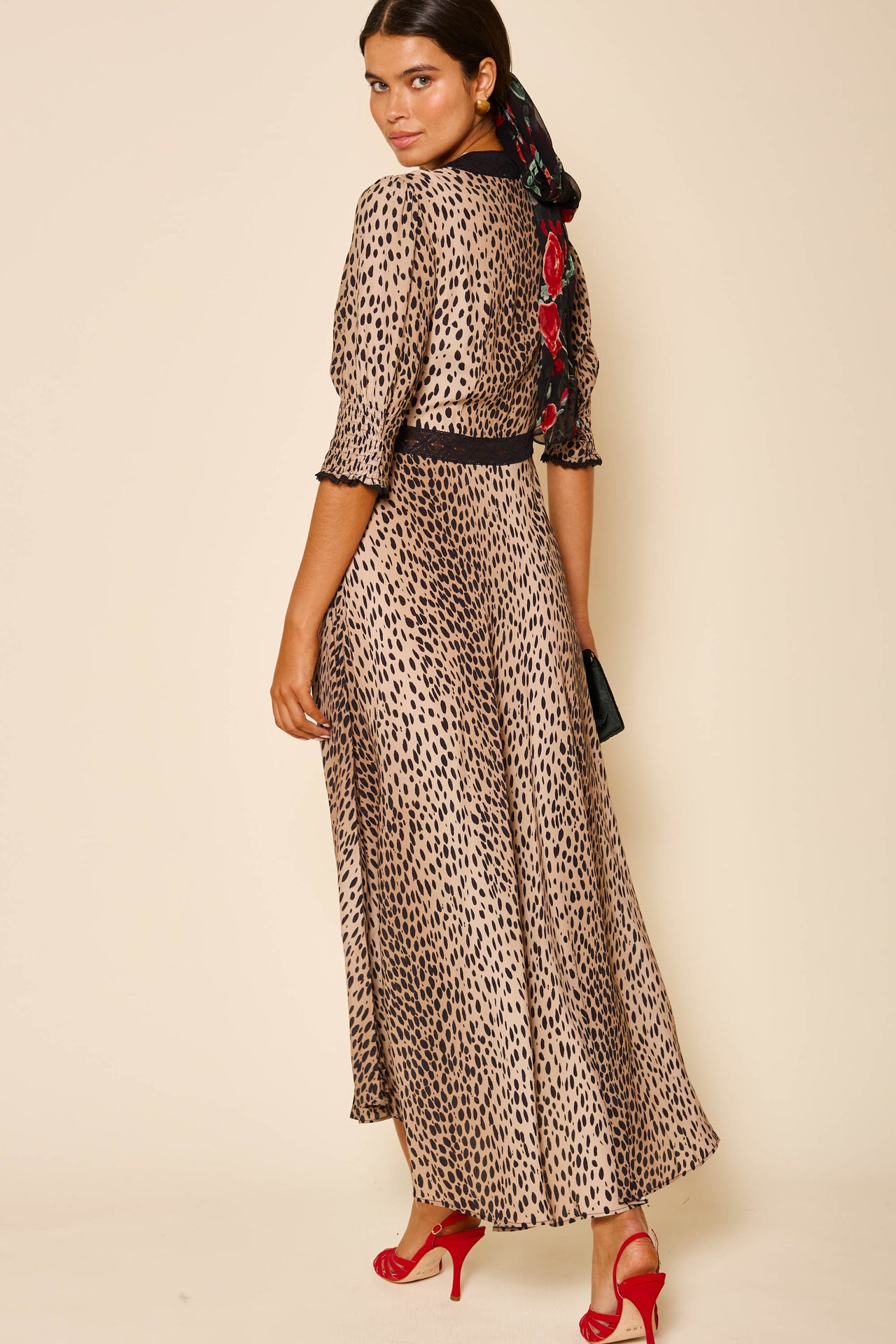 Amina Midi Dress in Brown Antelope Spot Black