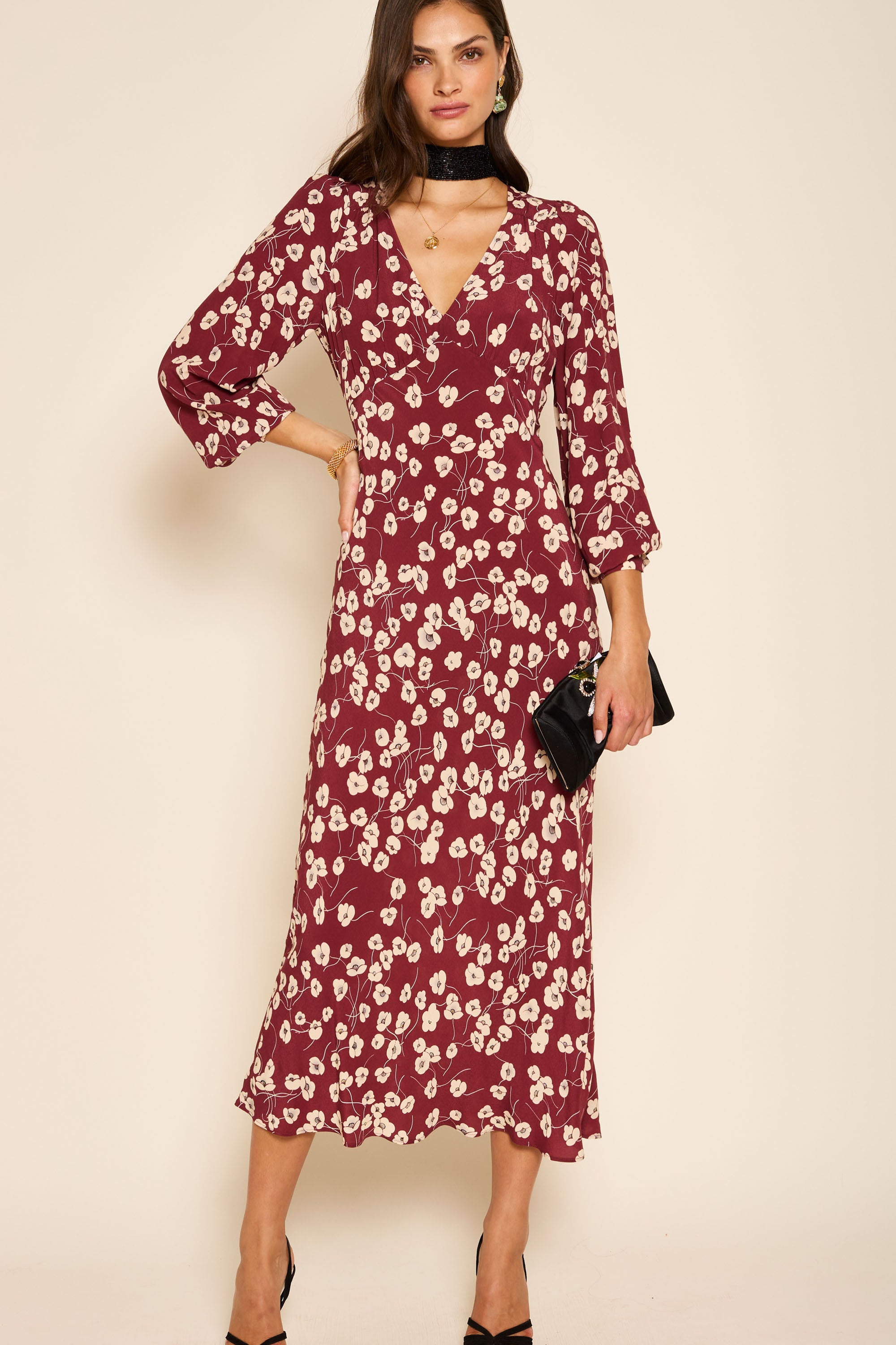 Mavis Midi Dress in Burgundy Autumn Cherry Maroon