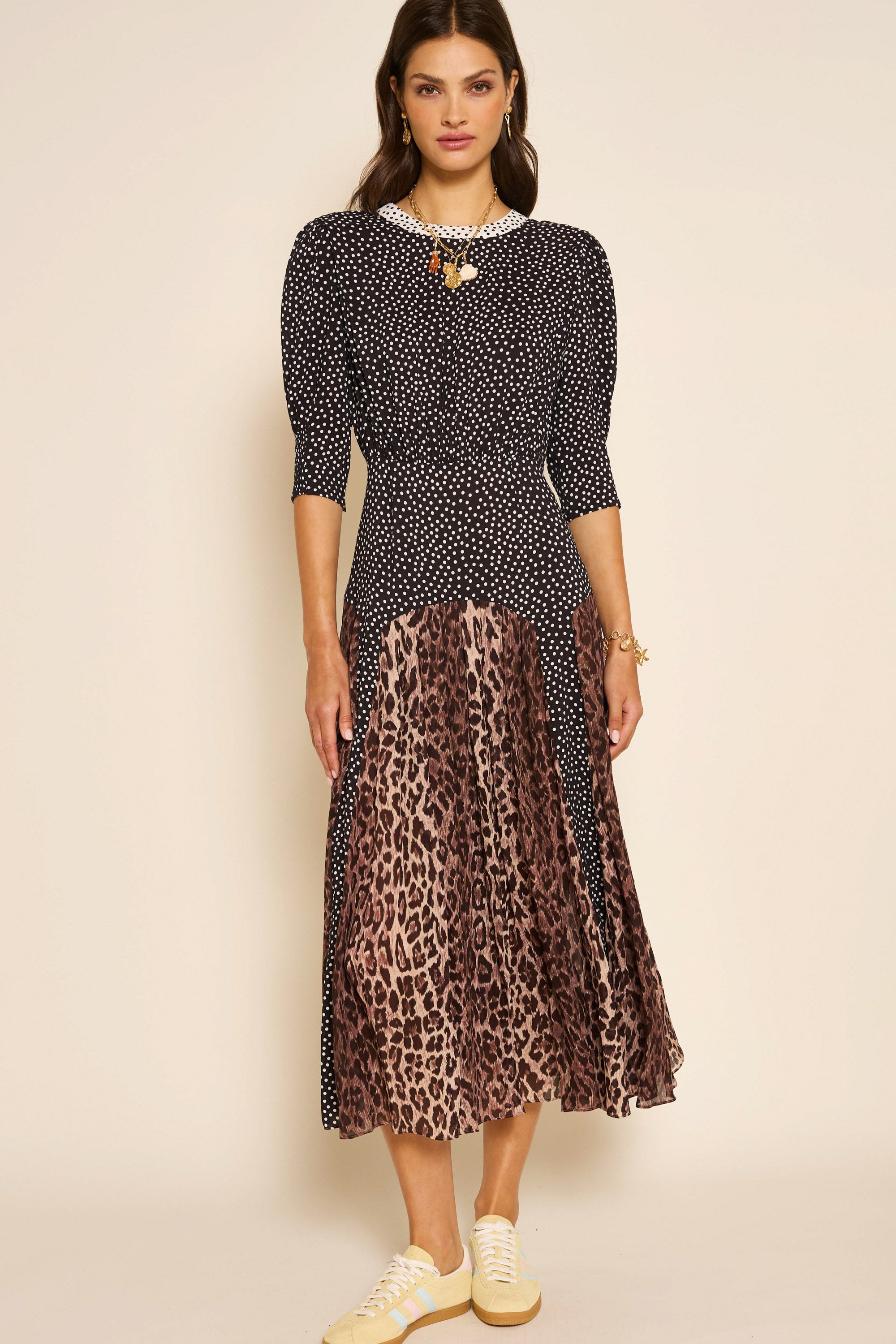 Meg Leopard Midi Dress in Black Leopard Polka Dot