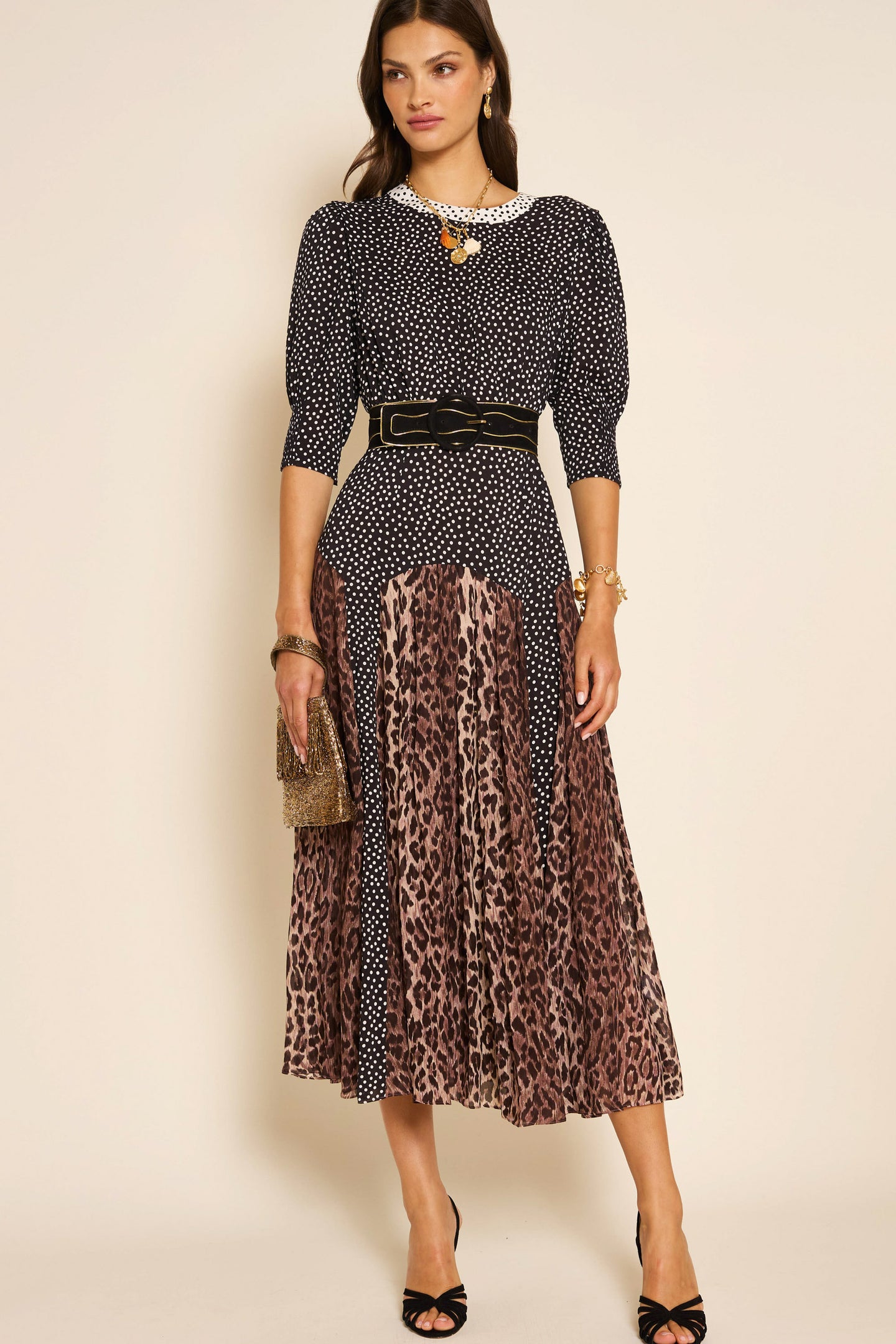 Meg Leopard Midi Dress in Black Leopard Polka Dot